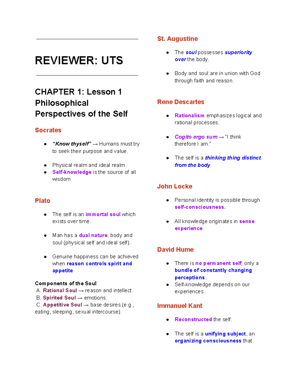 UTS Midterm Reviewer: Philosophical Perspectives of the Self - Studocu