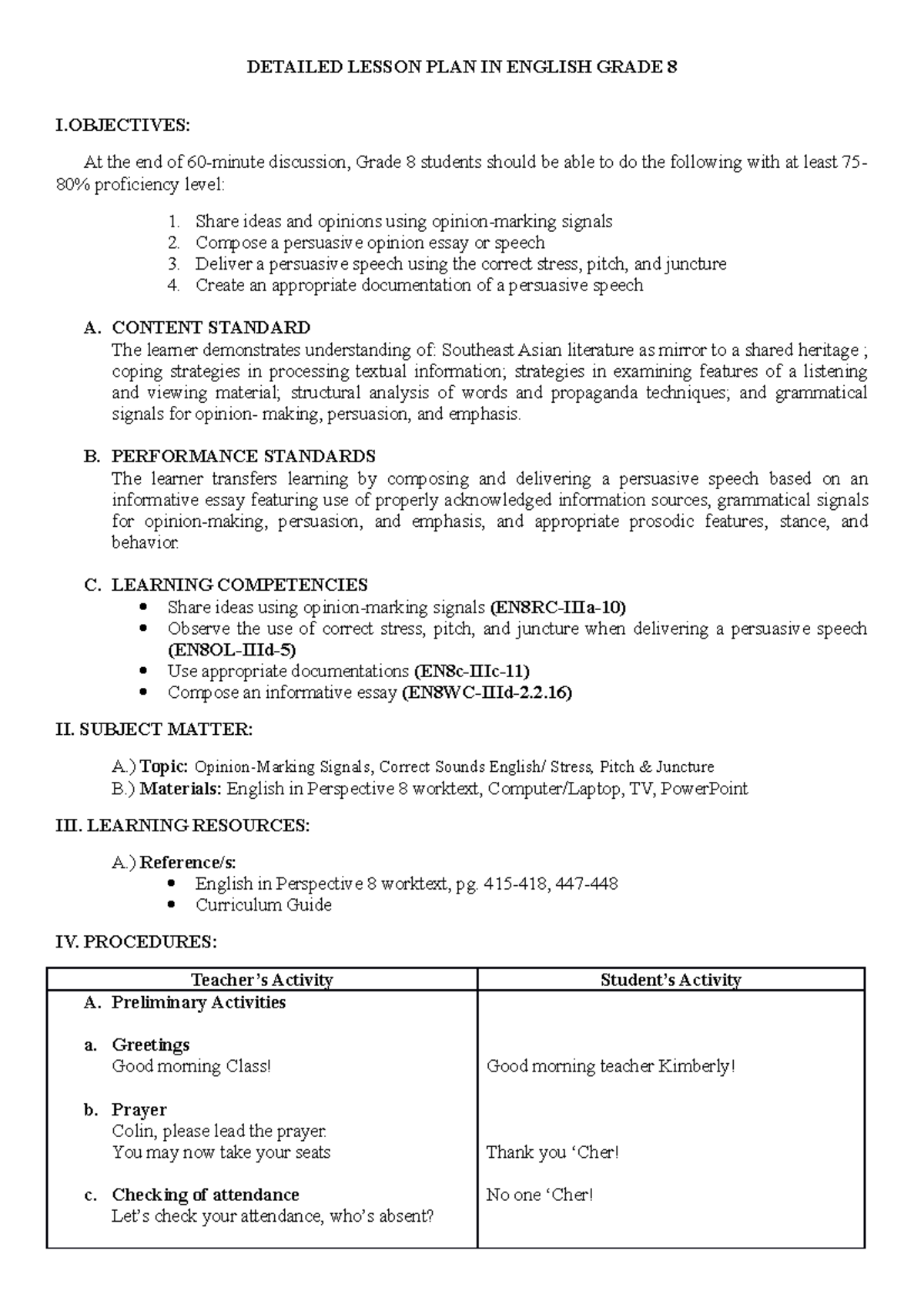 Detailed Lesson PLAN - G8 - DETAILED LESSON PLAN IN ENGLISH GRADE 8 I ...