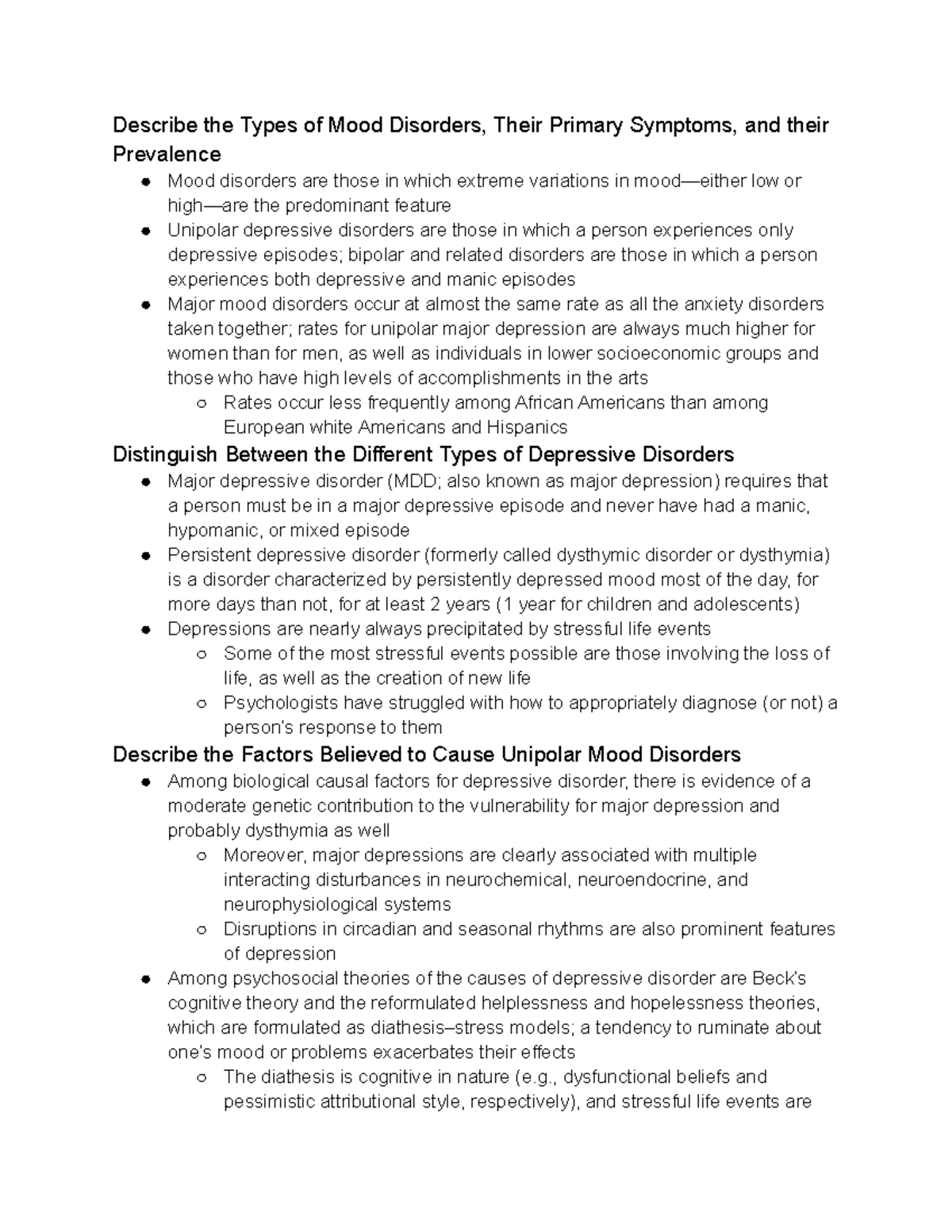 Abnormal Psychology Chapter 7 Summary - Describe the Types of Mood ...