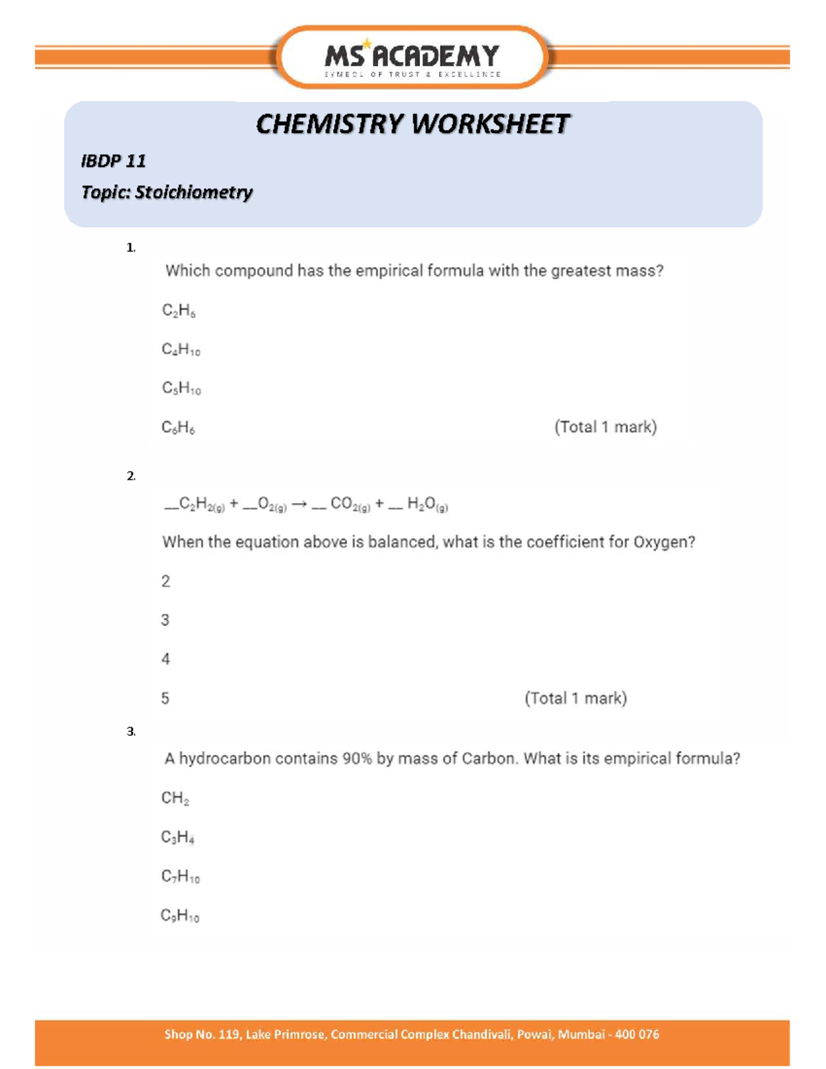 Stoichiometry WQ - Chemistry SL - CHEMISTRY WORKSHEET IBDP 11 Topic ...