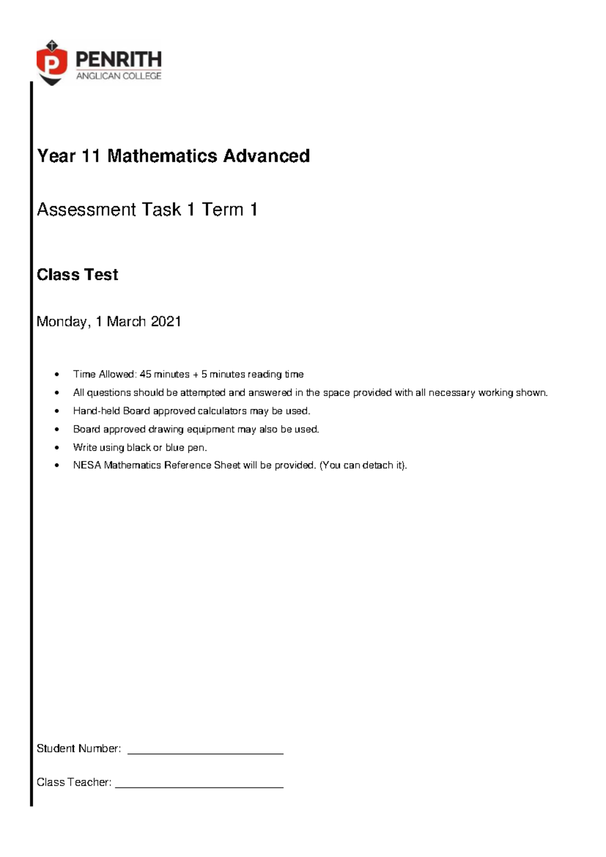 AT1 Year 11 Mathematics Advanced Term 1 Class Test 2021 - Studocu