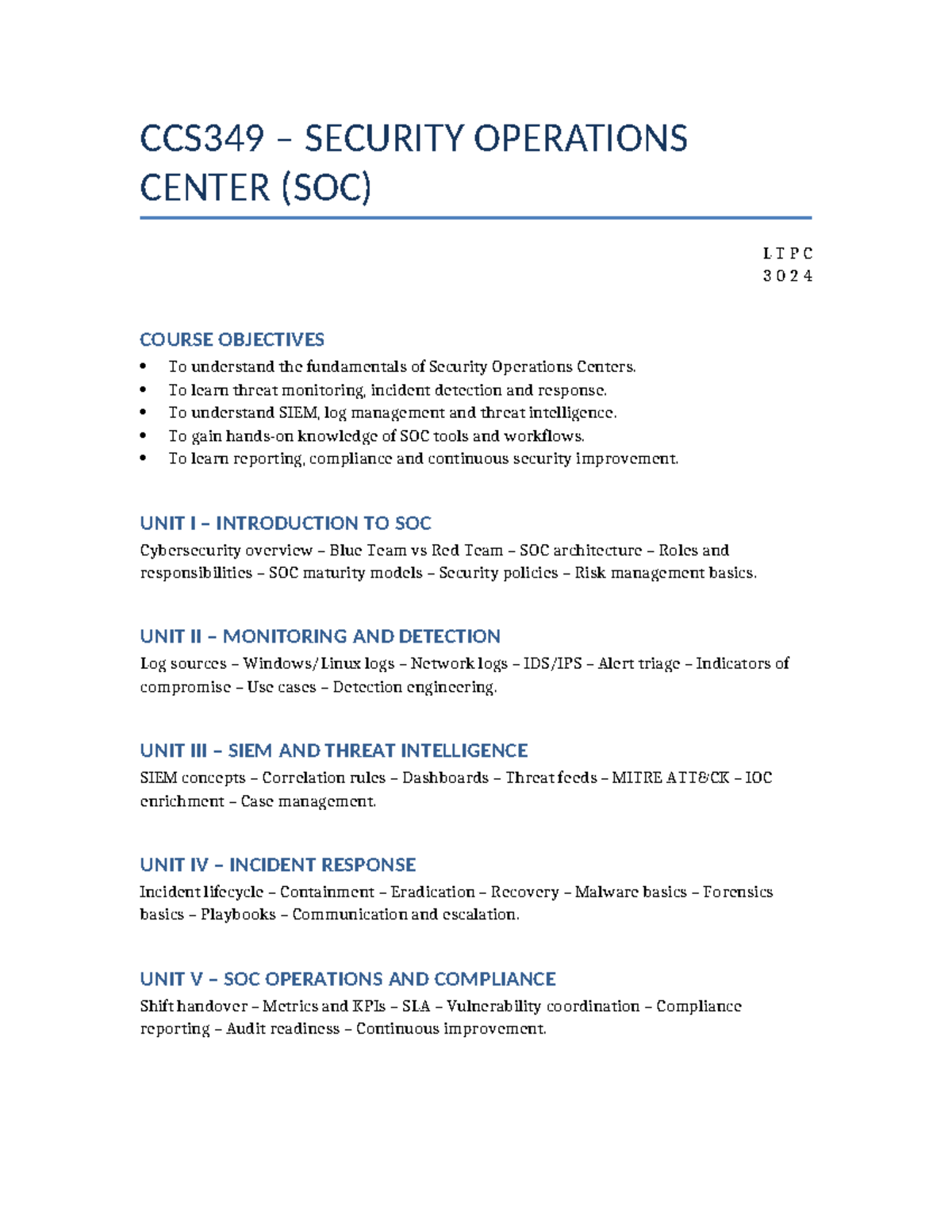 CCS349 SOC Model Syllabus: Security Operations Center Overview - Studocu