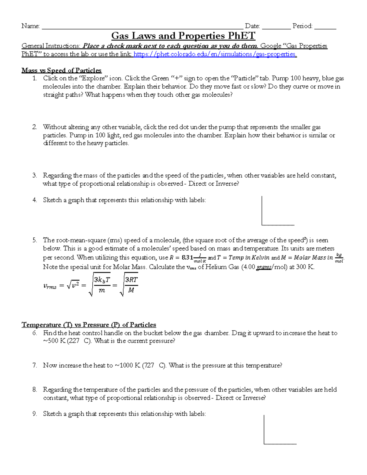 Gas Laws and Properties Lab Activity - PhET Simulation Guide - Studocu