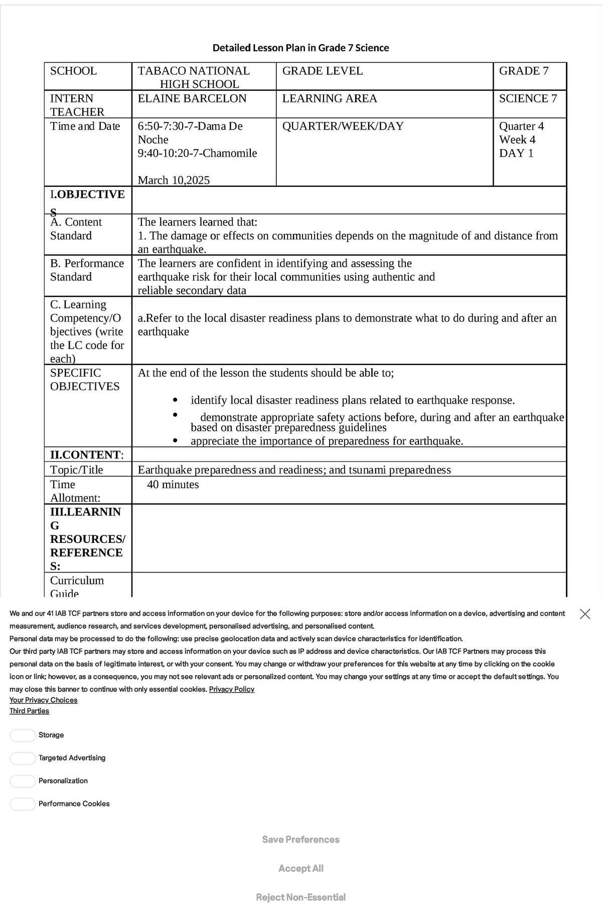 Grade 7 Science Lesson Plan: Earthquake Preparedness (Q4 W4) - Studocu