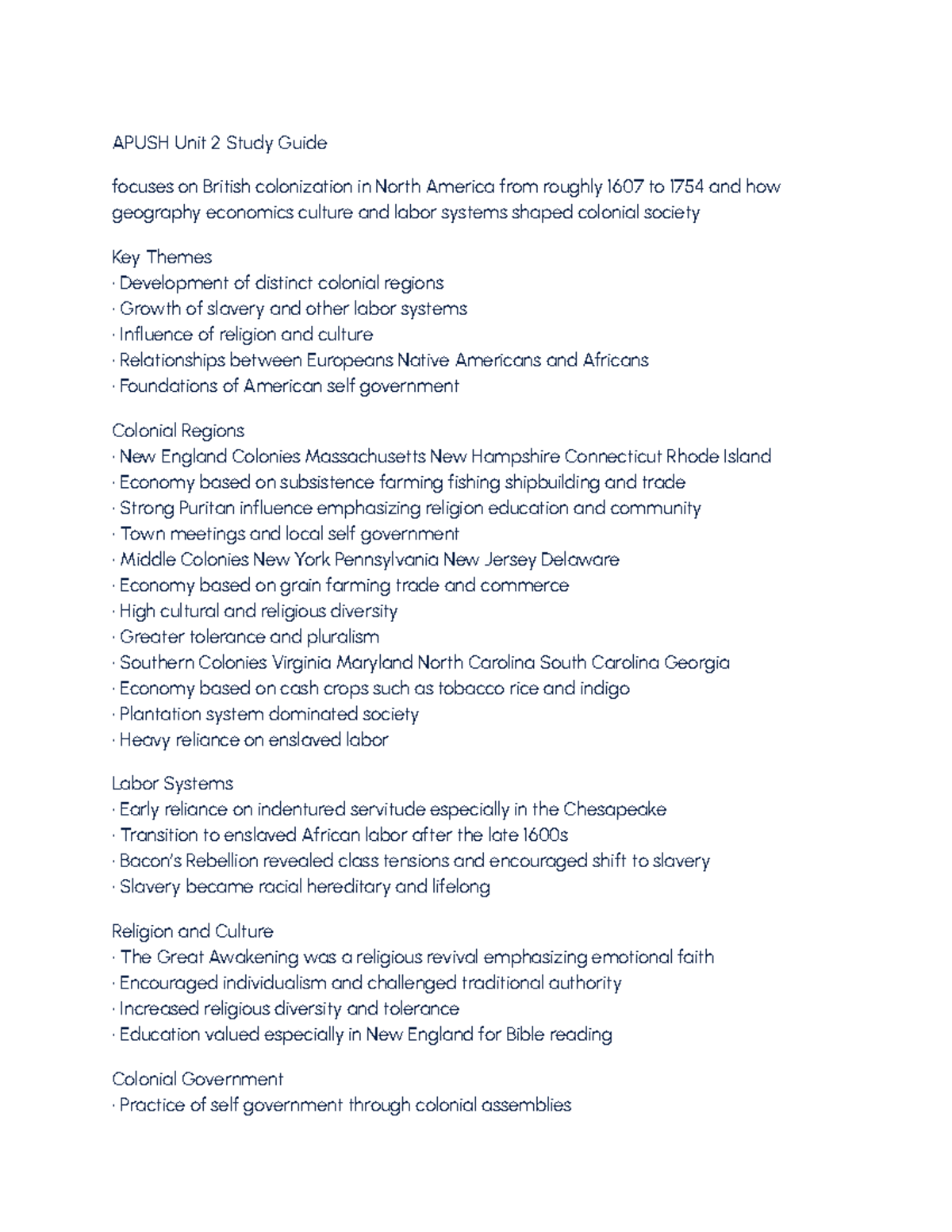 APUSH Unit 2 Study Guide: British Colonization & Colonial Society (1607 ...