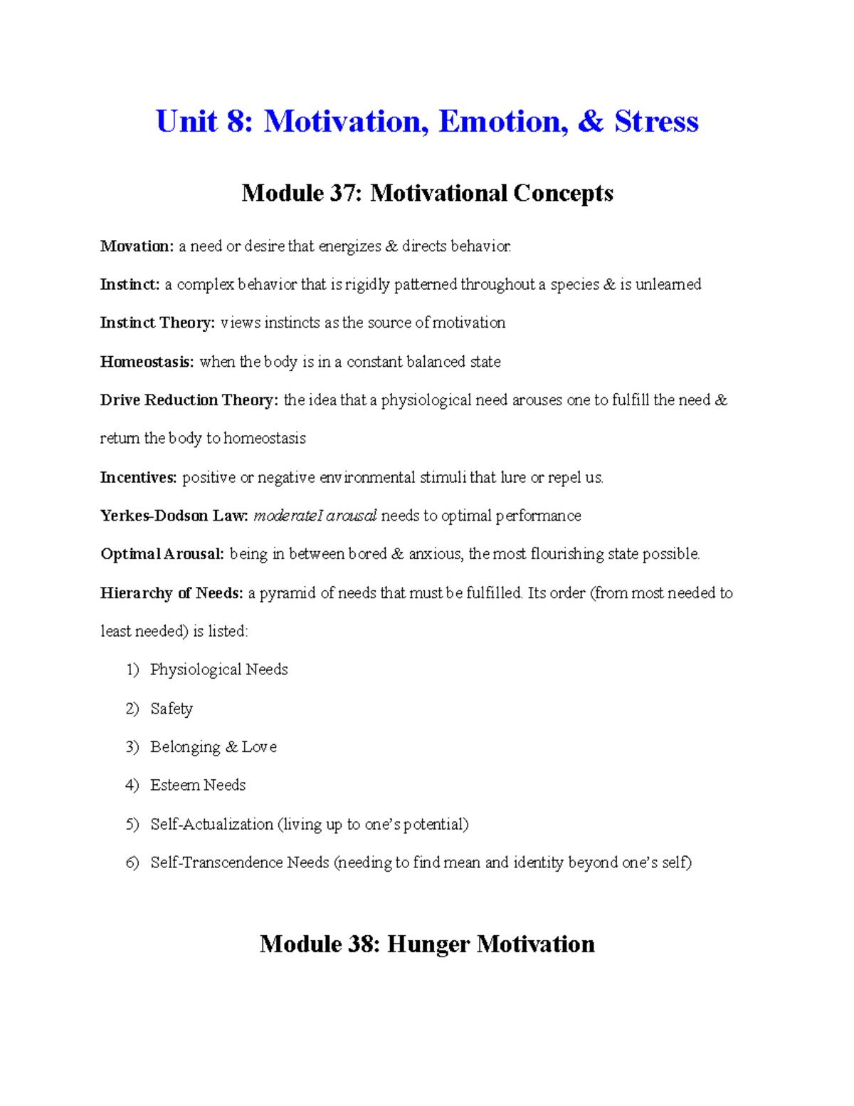 Psych 101 Unit 8: Motivation, Emotion, and Stress Overview - Studocu