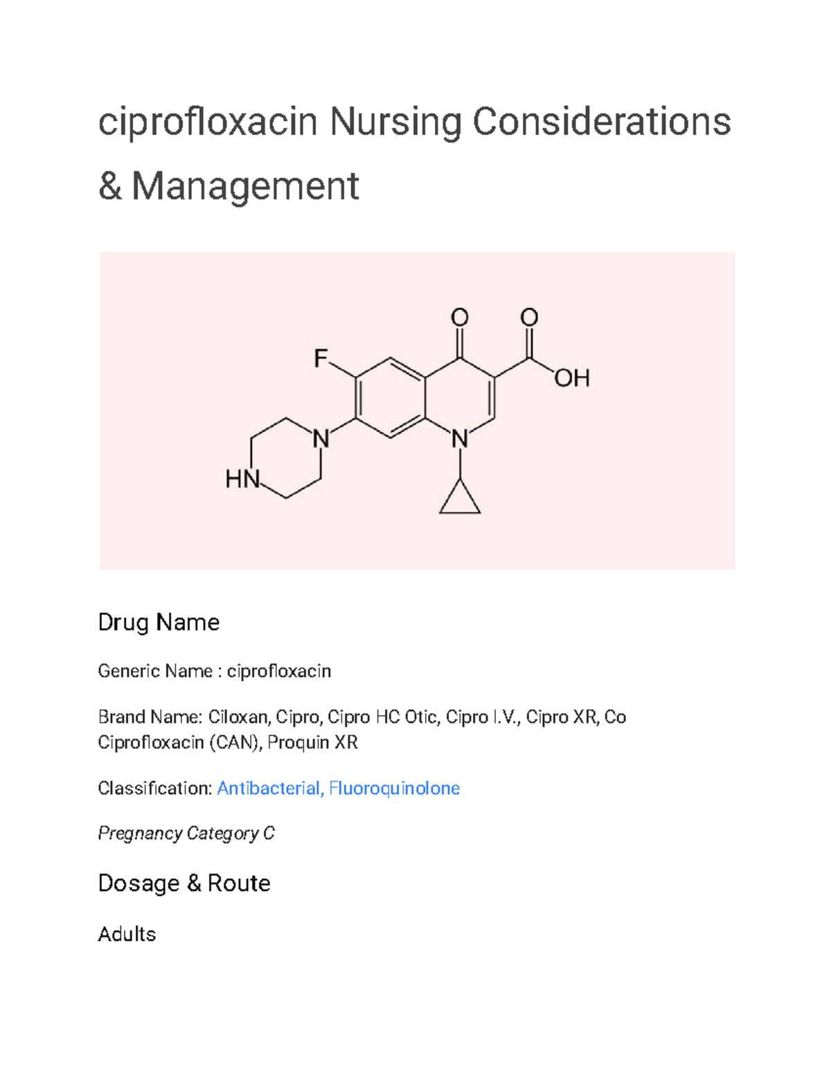 Ciprofloxacin Nursing Considerations and Management Guide - Studocu