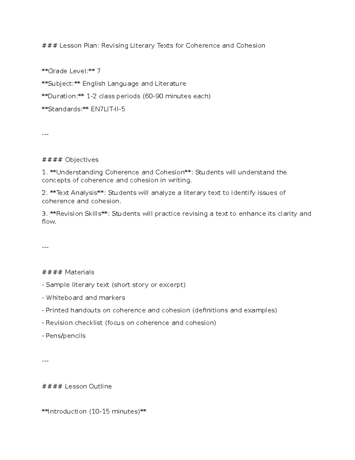 Lesson Plan: Revising Literary Texts for Coherence & Cohesion (EN7LIT ...