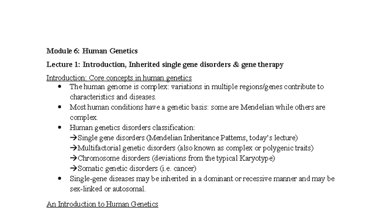 Module 6: Human Genetics Lecture 1 - Inherited Disorders & Gene Therapy ...