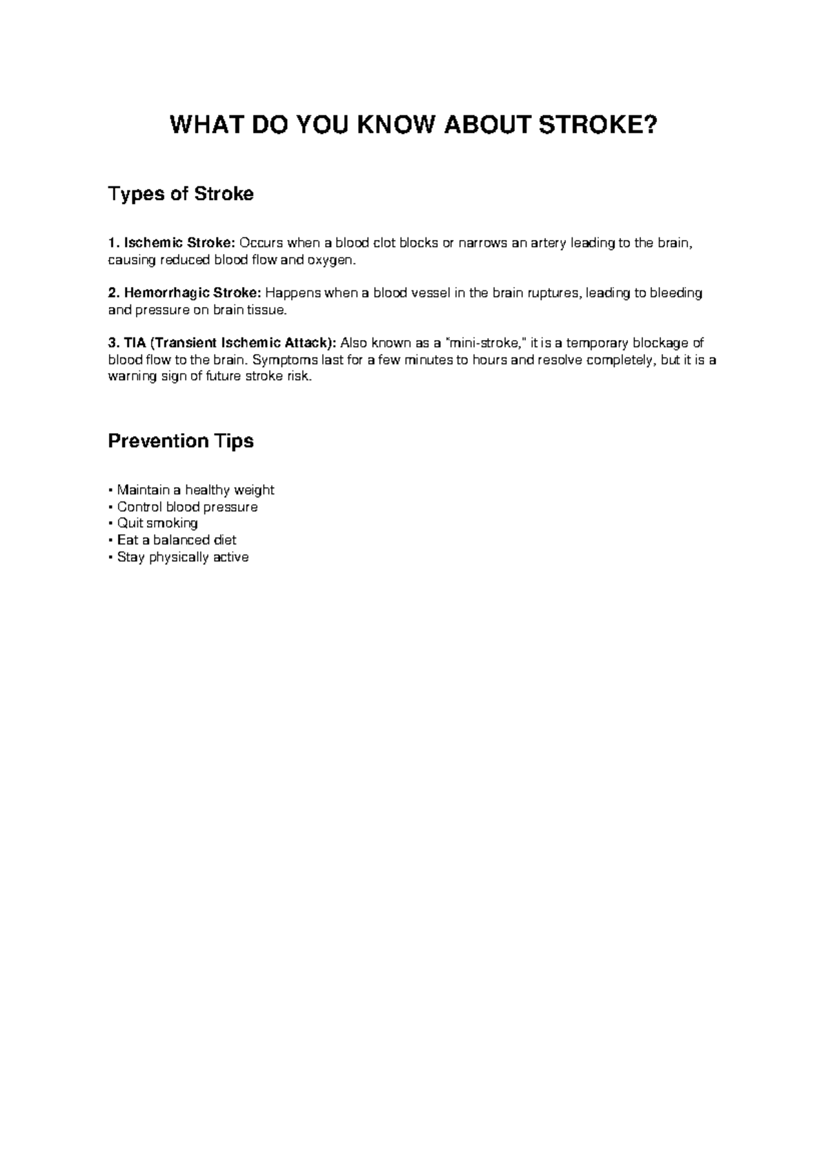 Stroke Overview: Types, Symptoms, and Prevention Tips - Studocu