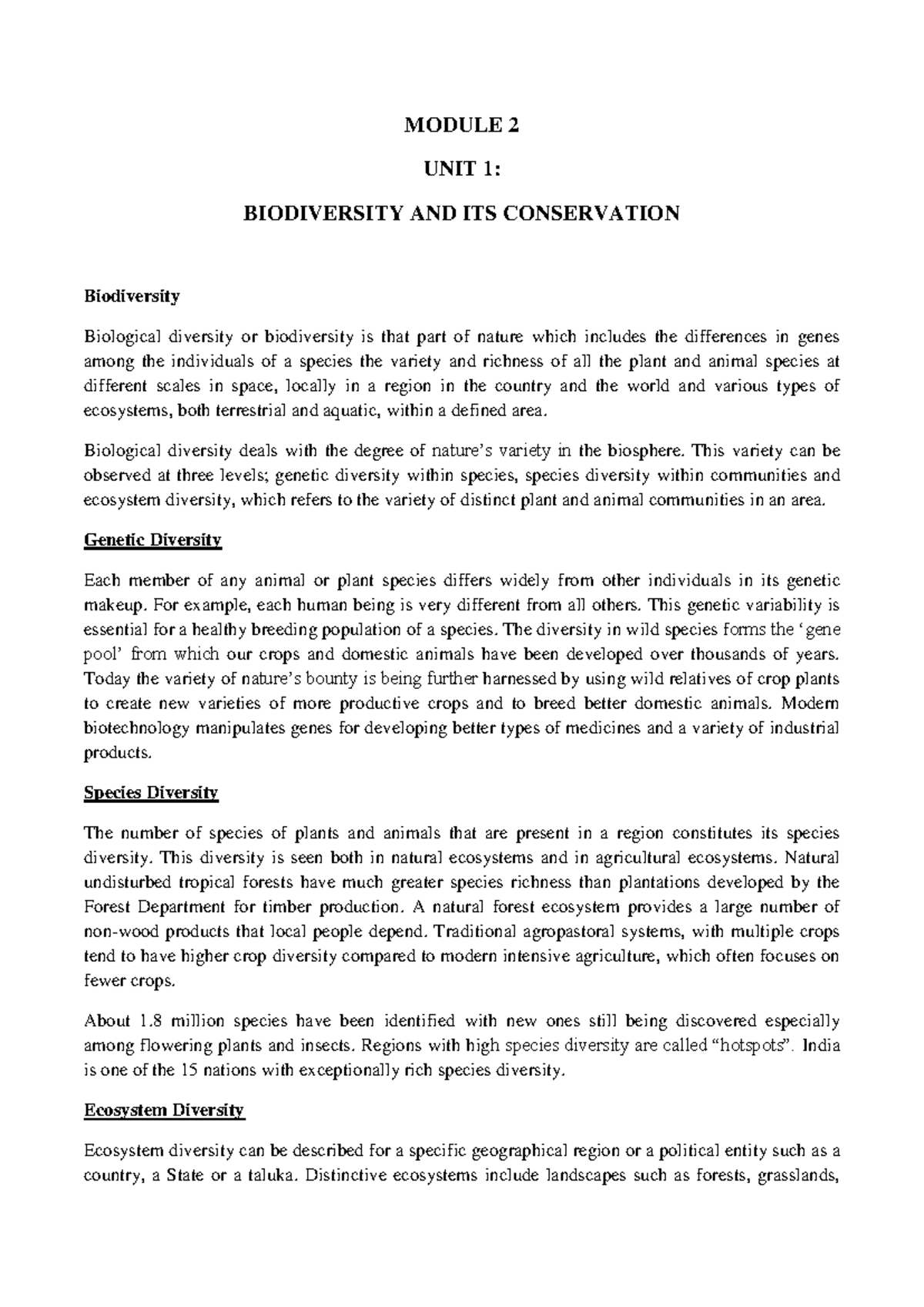 MODULE 2 EV UNIT 1: Biodiversity and Conservation Overview - Studocu