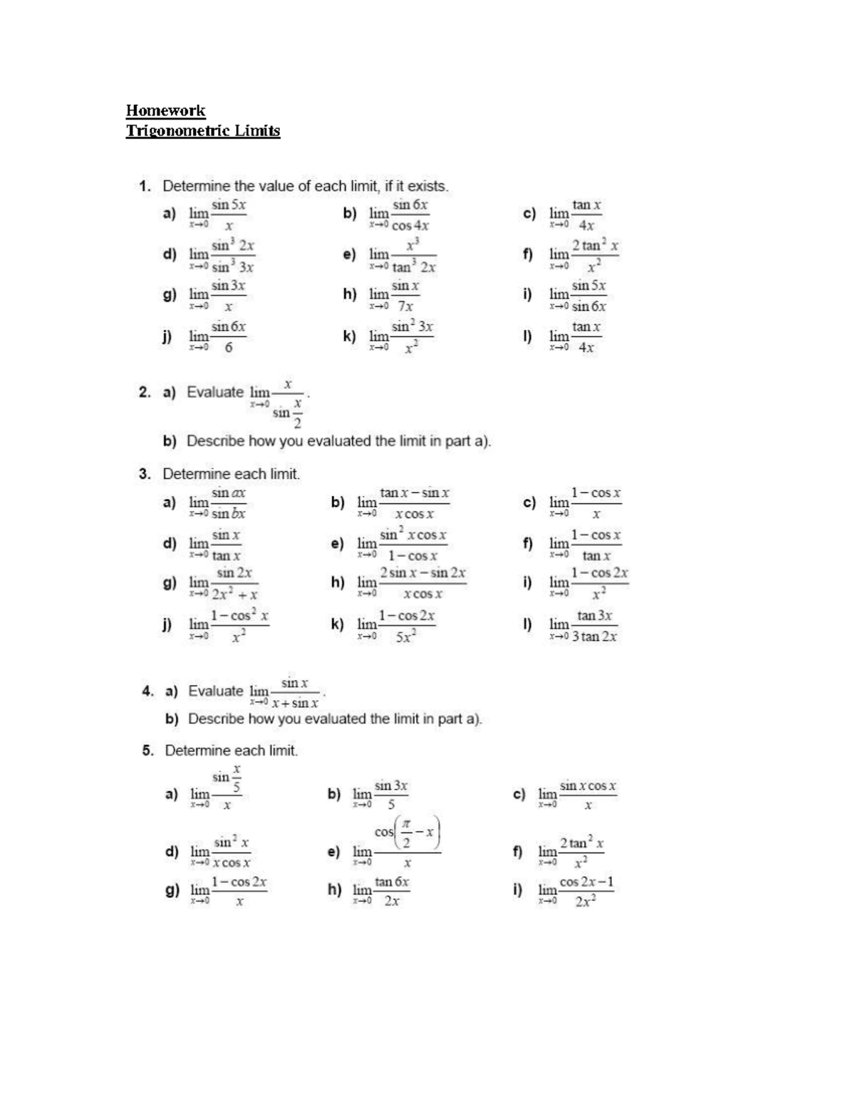 MATH Homework: Trigonometric Limits Practice and Evaluation - Studocu