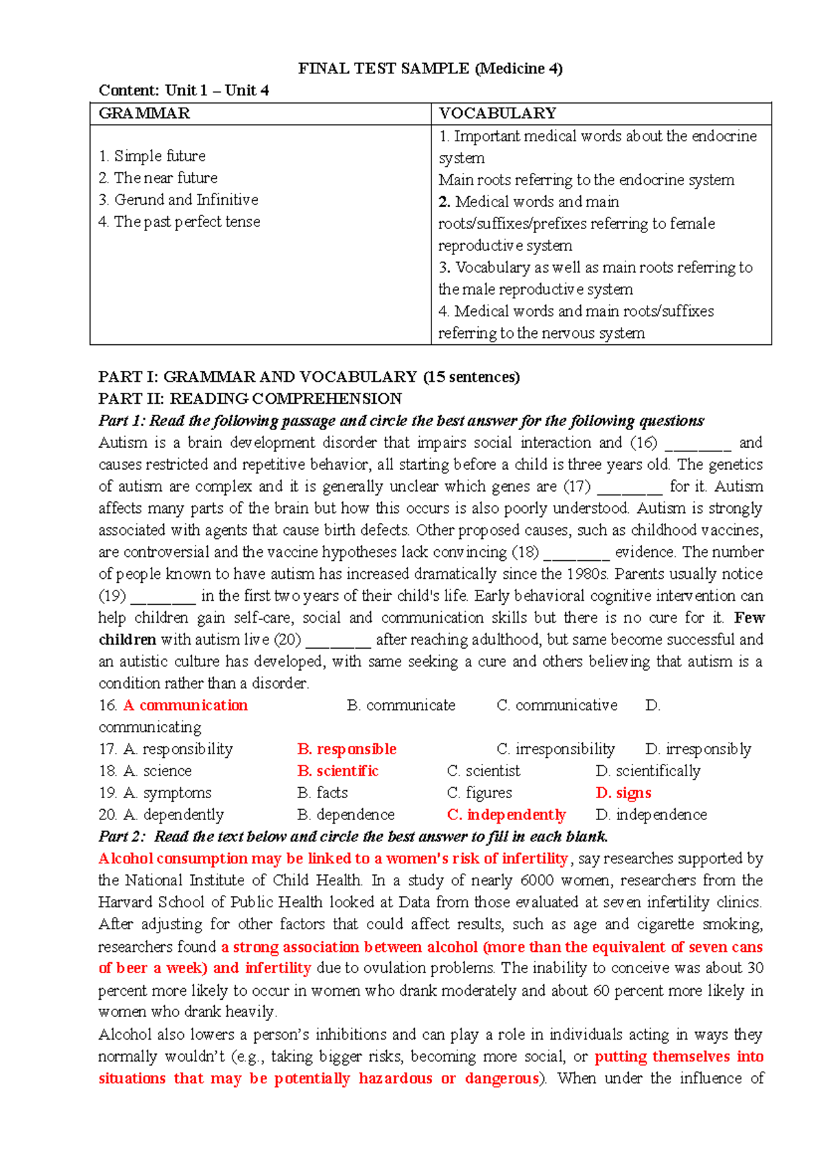 Final Test Sample - Medicine 4: Grammar, Vocabulary & Reading - Studocu
