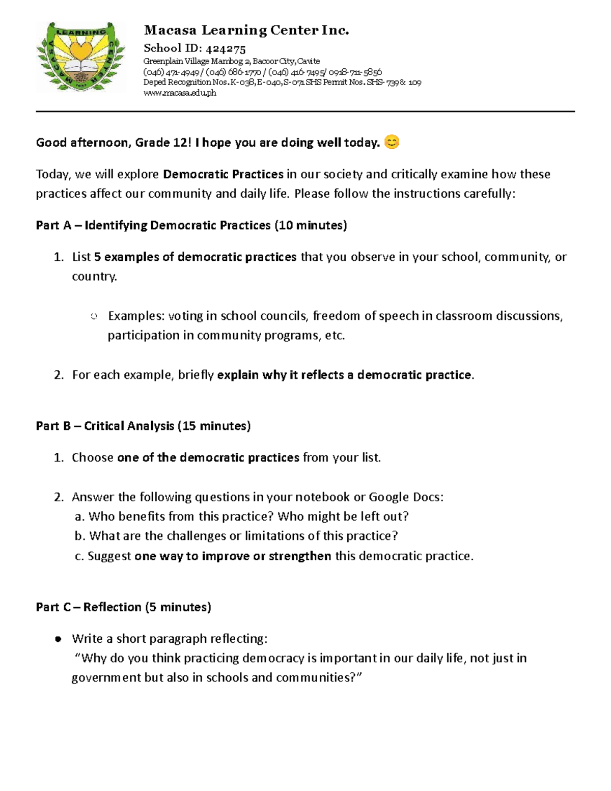 Grade 12 Lesson: Exploring Democratic Practices in Society - Studocu