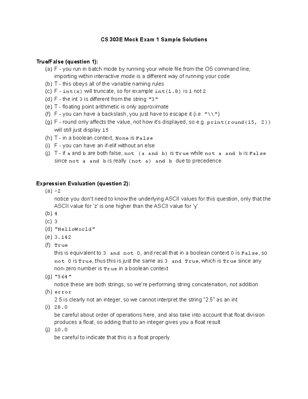 Mock Exam 1 Sample Solutions - CS 303E Mock Exam 1 Sample Solutions ...