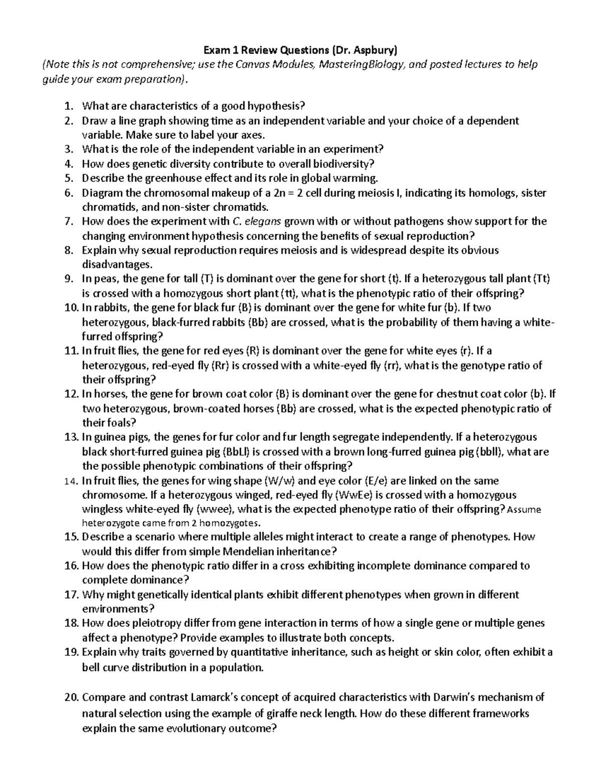 Biology Exam 1 Review Questions - Key Concepts & Practice (Dr. Aspbury ...