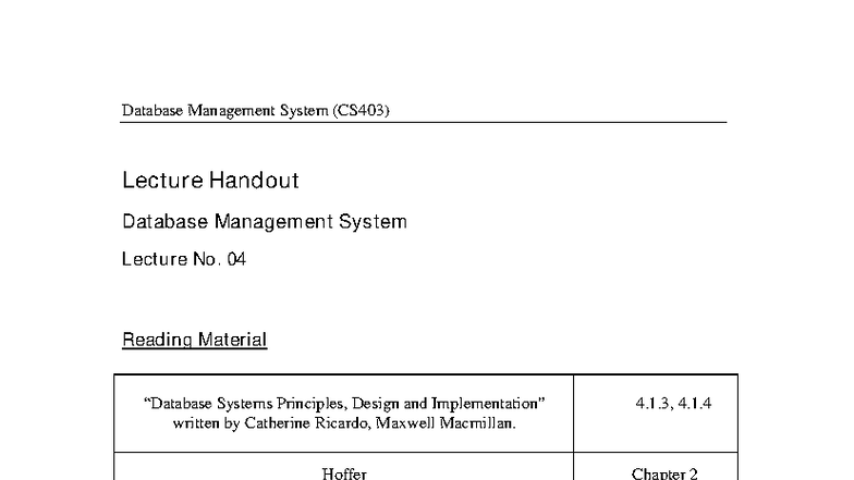 Database Management System (CS403) Lecture No. 04: Internal Schema ...