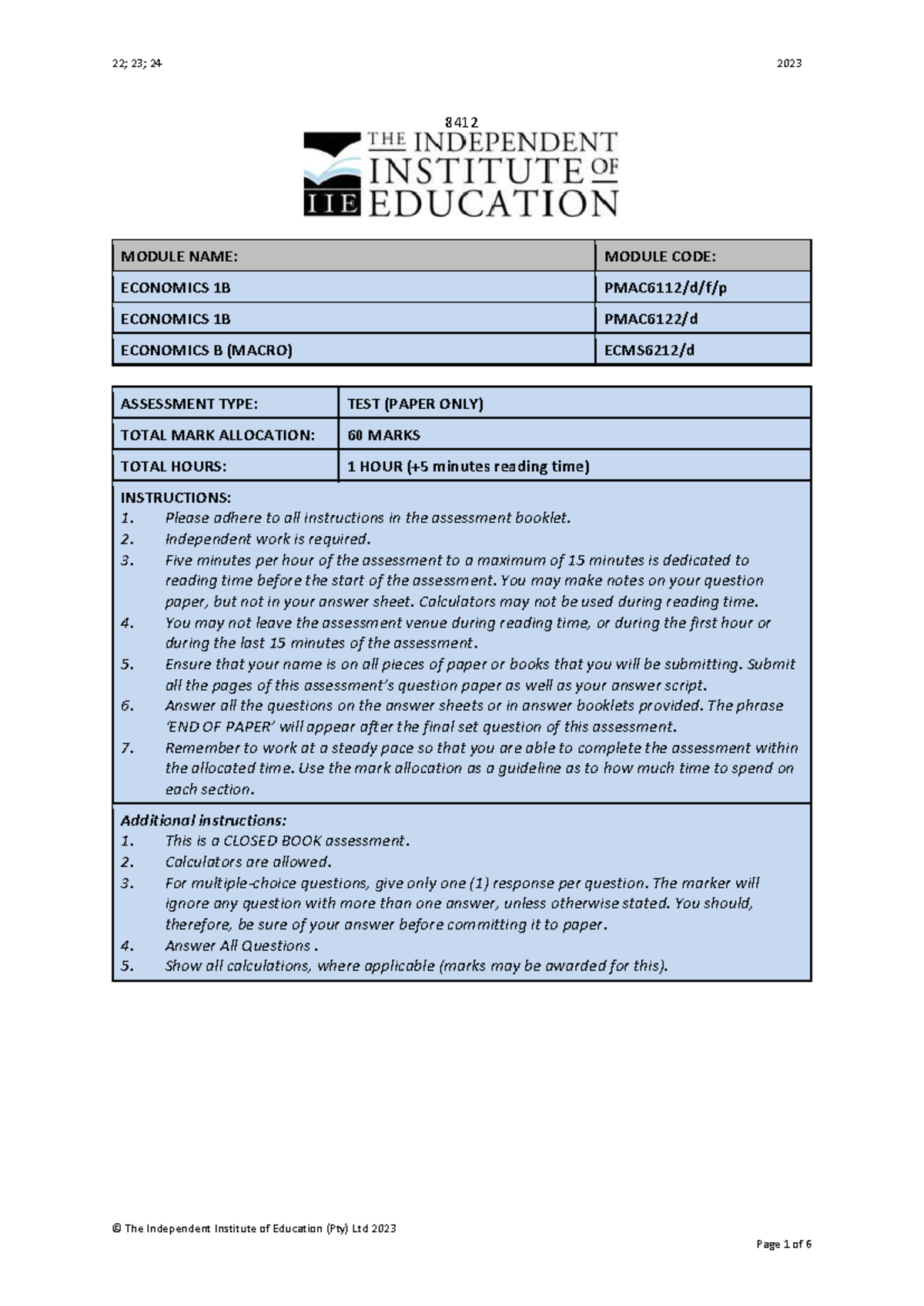 PMAC6122 - Economics 1B Test Paper (Assessment for 60 Marks) - Studocu