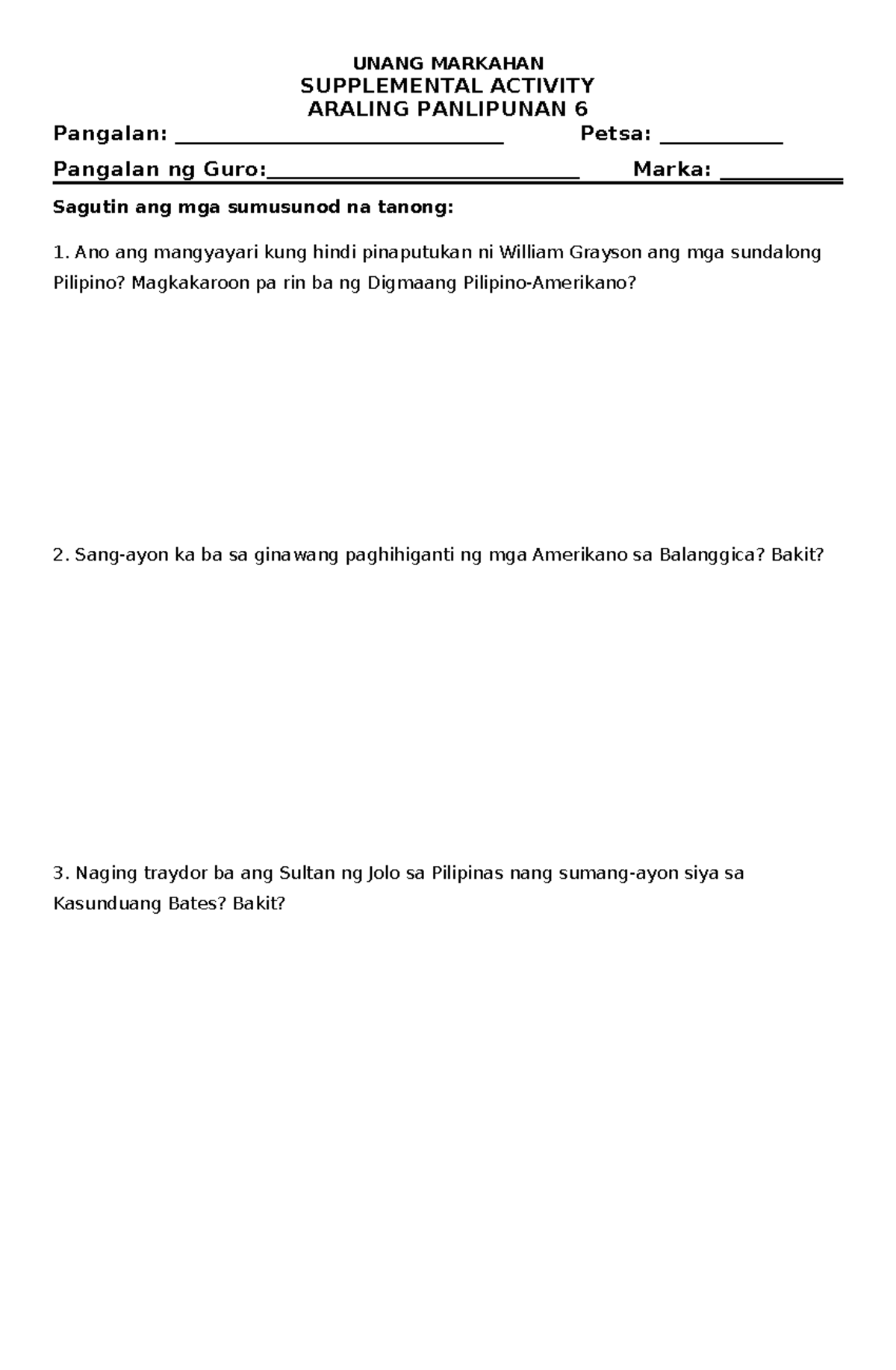 AP Supplemental Activity - UNANG MARKAHAN SUPPLEMENTAL ACTIVITY ARALING PANLIPUNAN 6 Pangalan ...