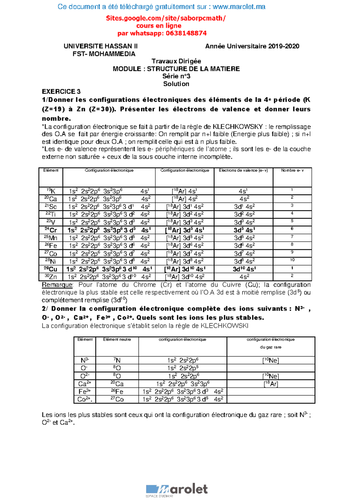 TD Correction: Structure de la Matière - Exercice et Solutions 2019 ...
