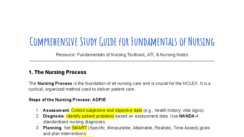 Comprehensive Study Guide for Nursing Fundamentals (NURS 101) - Studocu