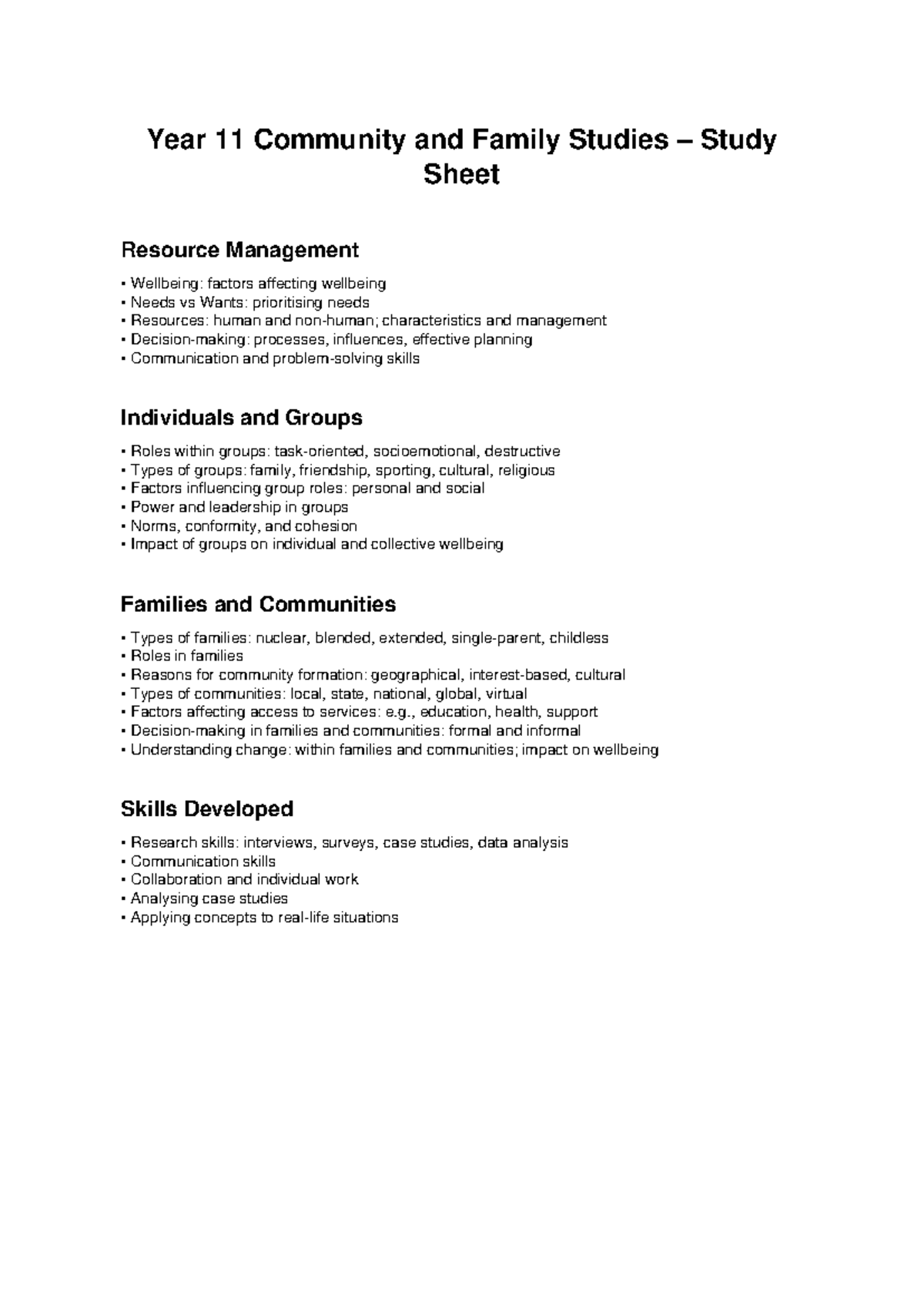 Year 11 CAFS Study Sheet: Resource Management & Wellbeing Factors - Studocu