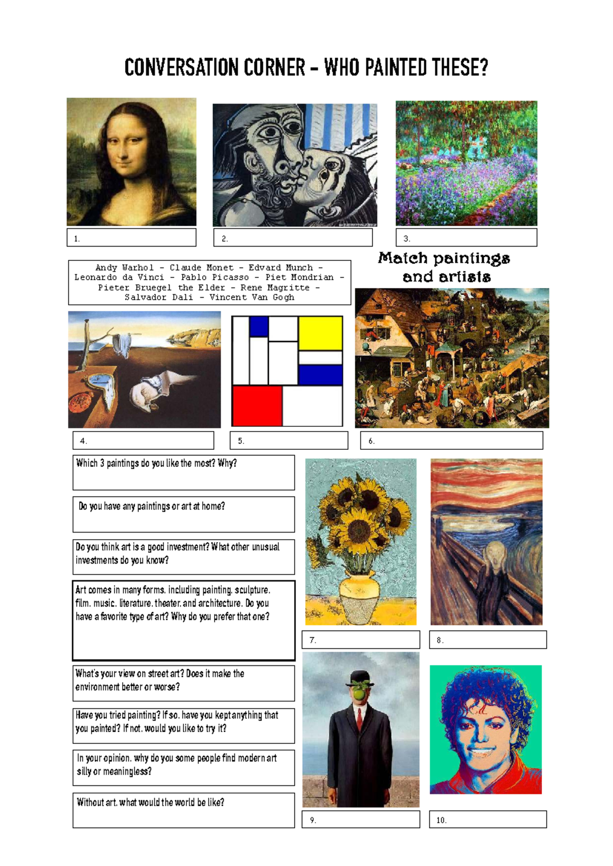 Art - ESL Conversation Worksheet: Who Painted These? - Studocu