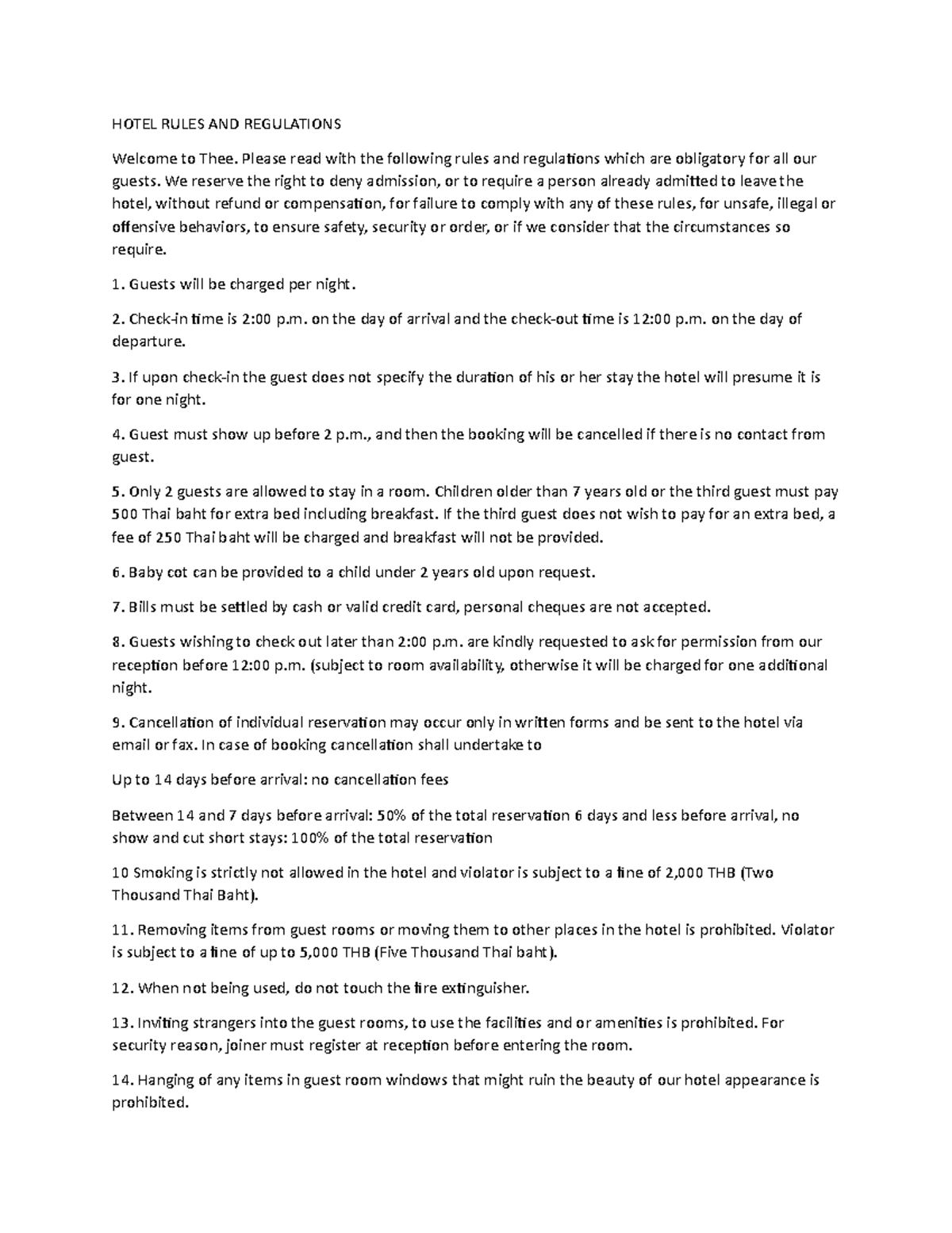 Hotel Rules and Regulations: Essential Guidelines for Guests - Studocu