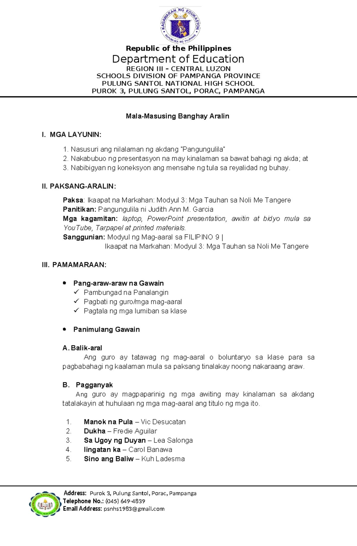 Mala-Masusing Banghay Aralin sa FILIPINO 9: Pag-aaral sa "Pangungulila" - Studocu