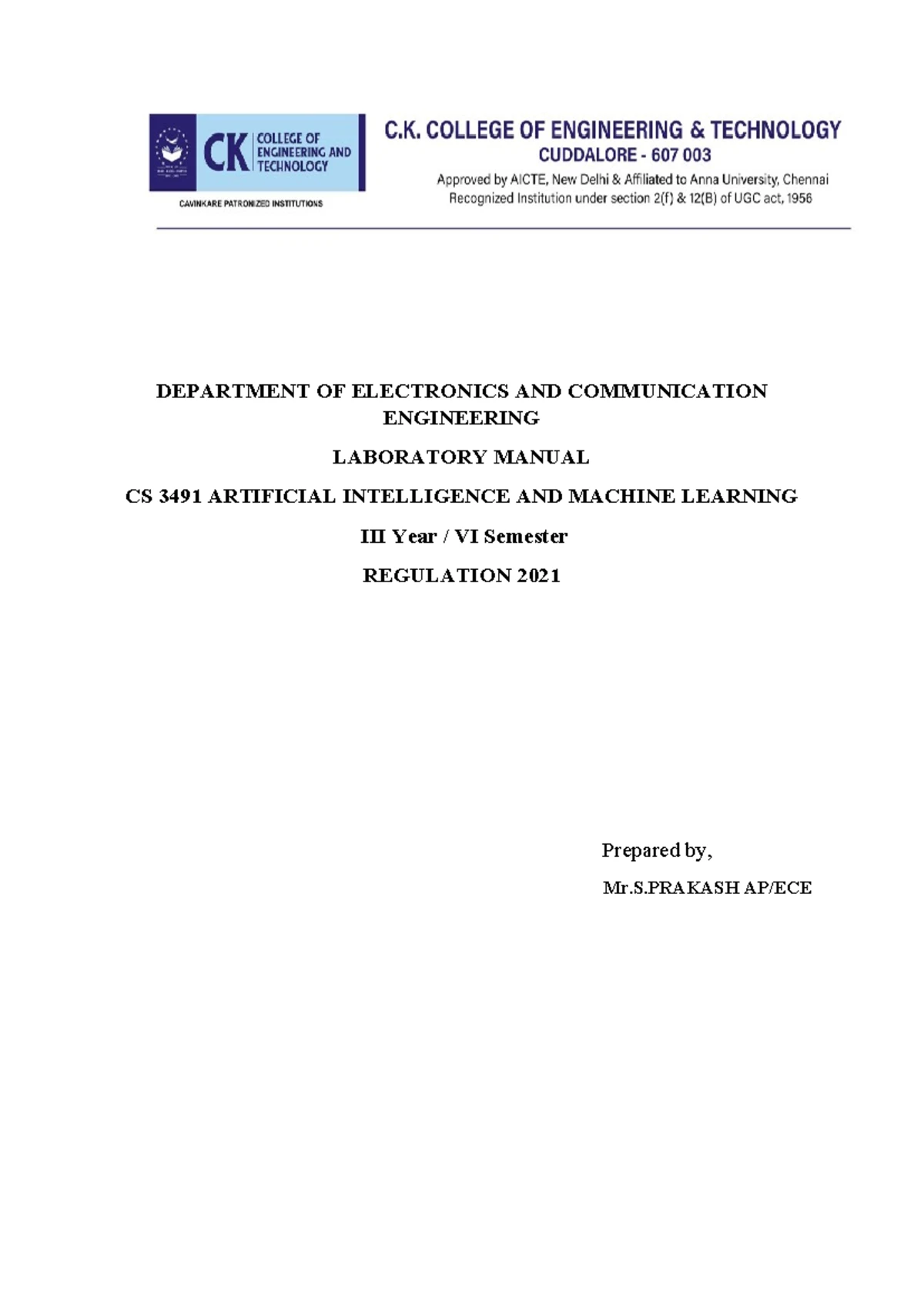CS3491 - AI & ML Laboratory: Comprehensive Lab Manual and Exercises - Studocu