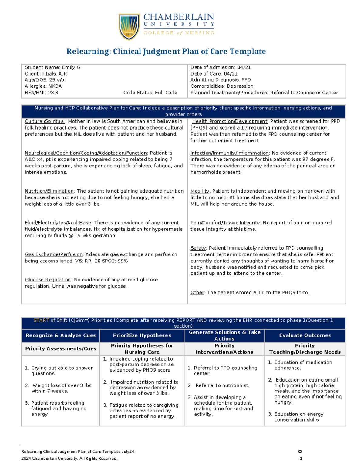 CJMM Nr327 Clinical Assessment and Care Plan for PPD Patient - Studocu