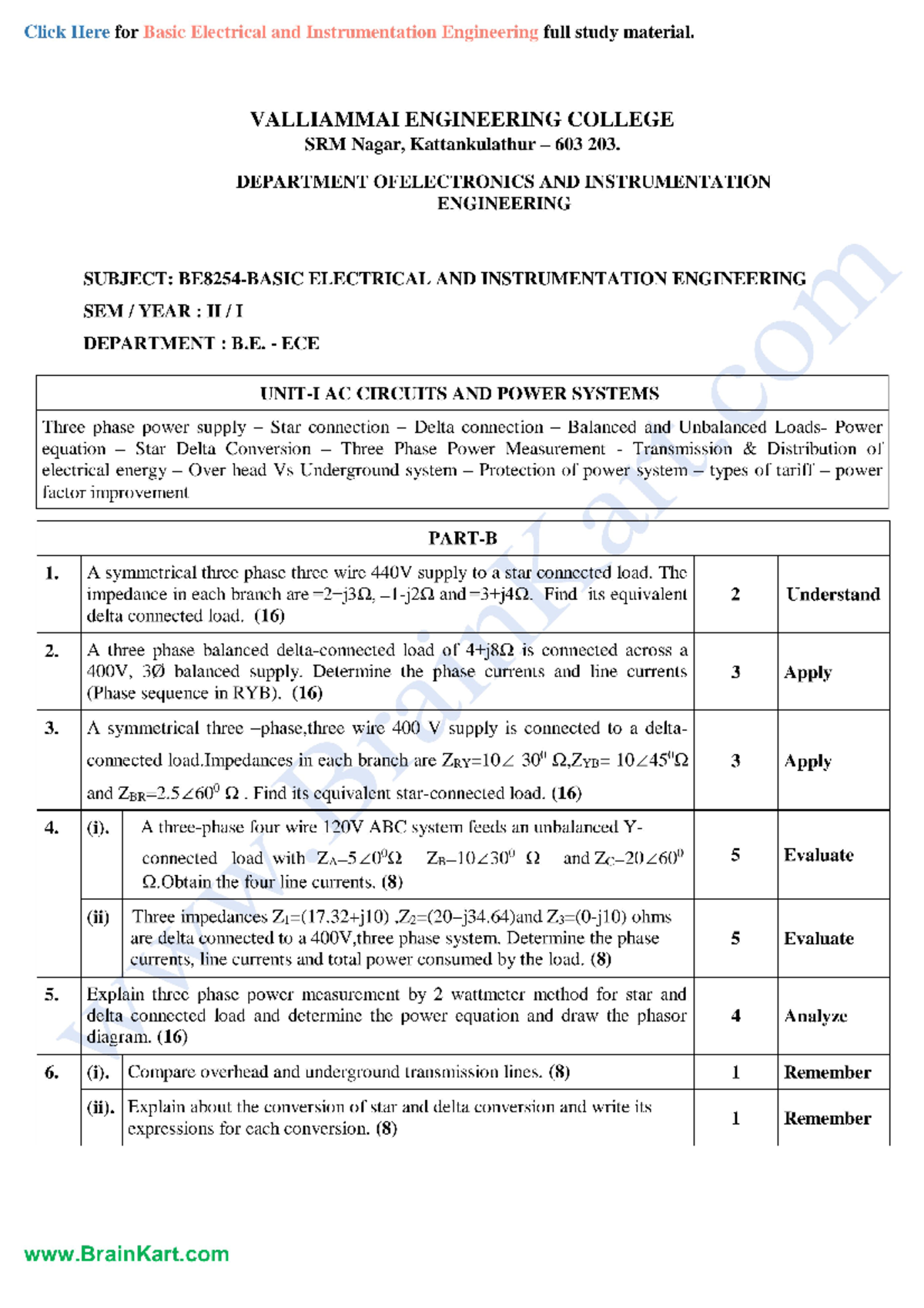BE3254 Electrical and Instrumentation Engineering Question Bank Notes ...