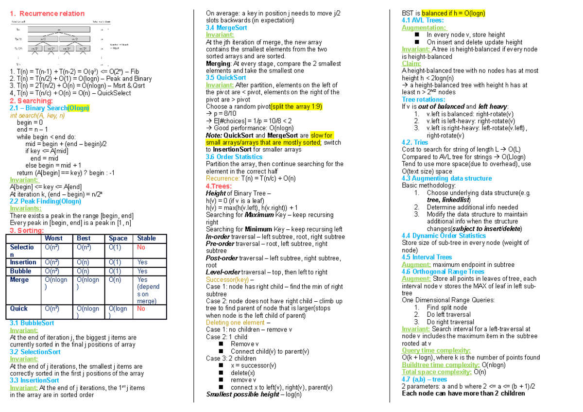 CS2040 Final Exam Cheat Sheet: Recurrences, Trees, Sorting & More - Studocu