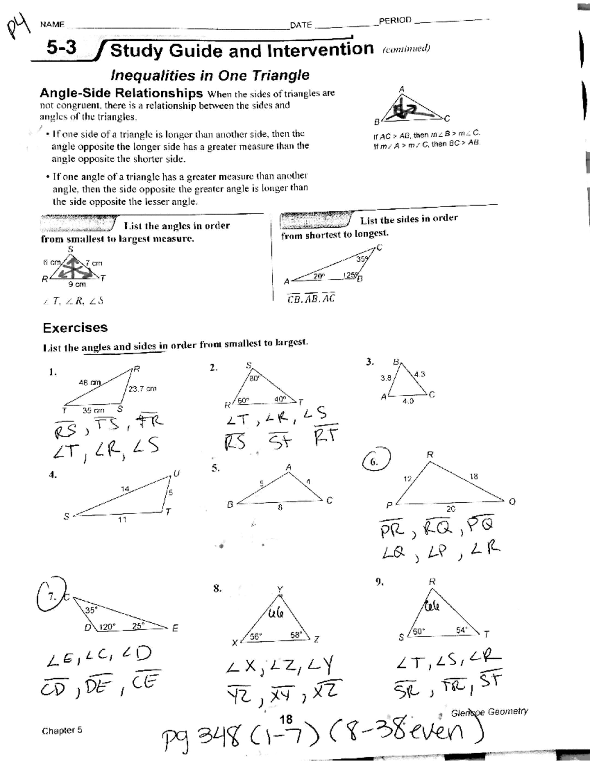 Geometry 5.3 Study Guide: Inequalities in One Triangle Relationships ...
