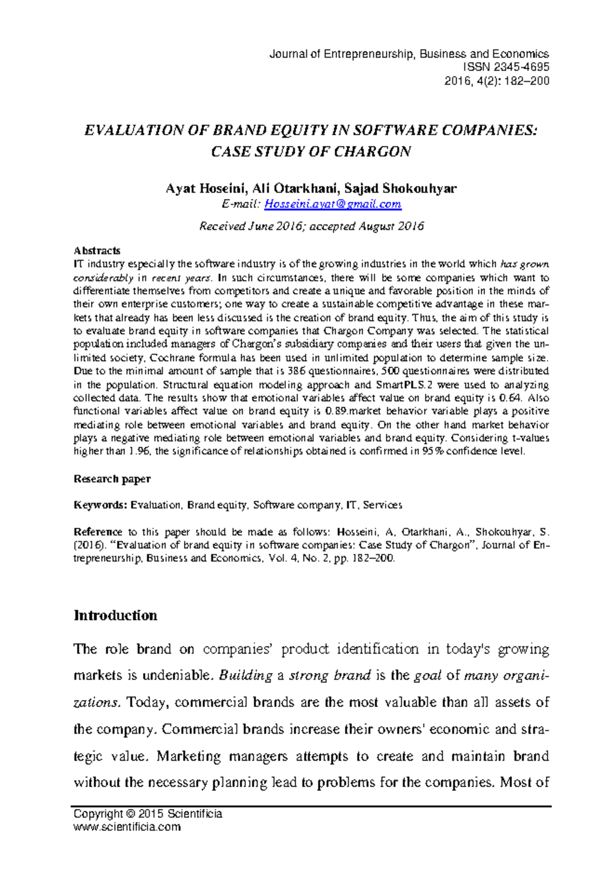 Evaluation of Brand Equity in Software Companies: Case Study of Chargon ...