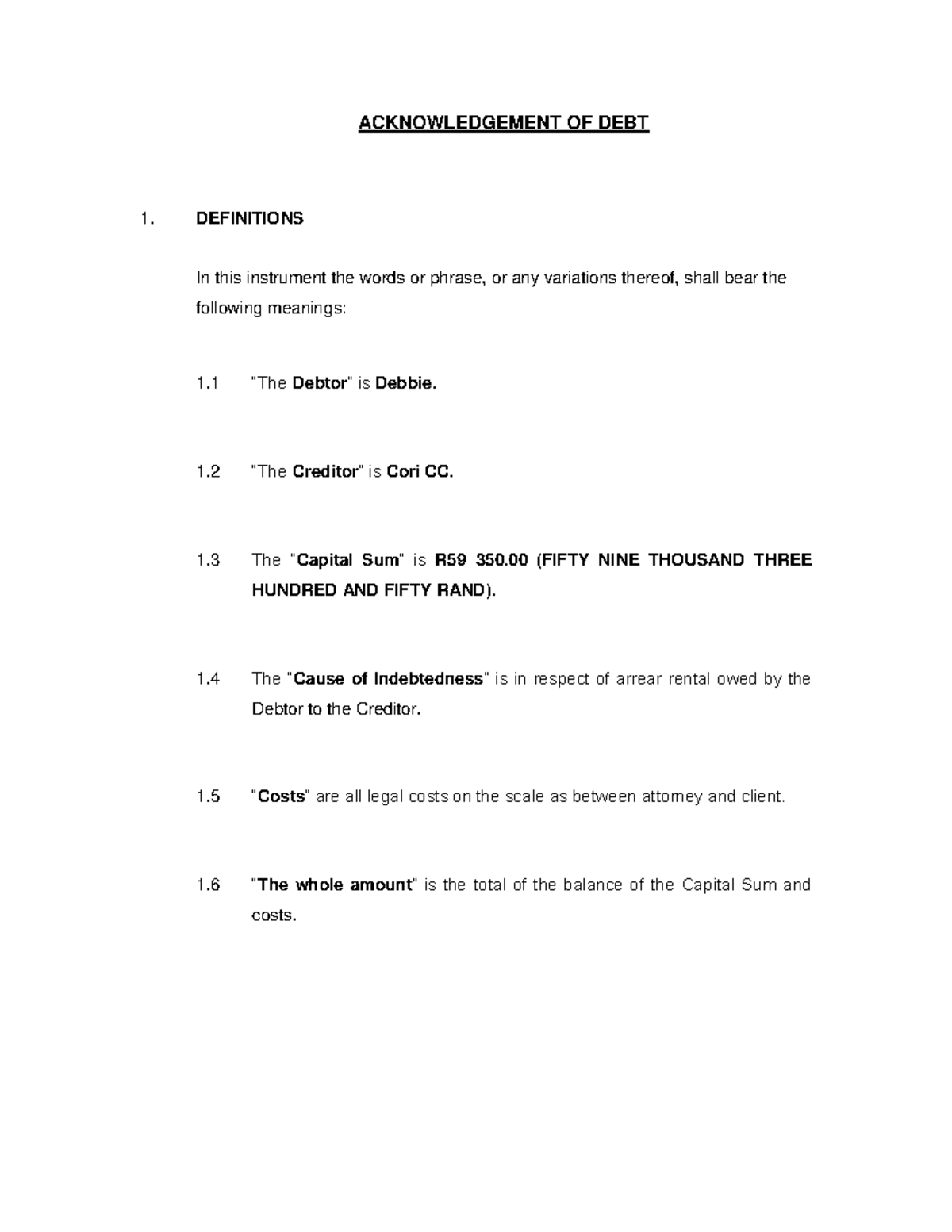 Acknowledgement of Debt for Overdue Rent - Legal Document - Studocu
