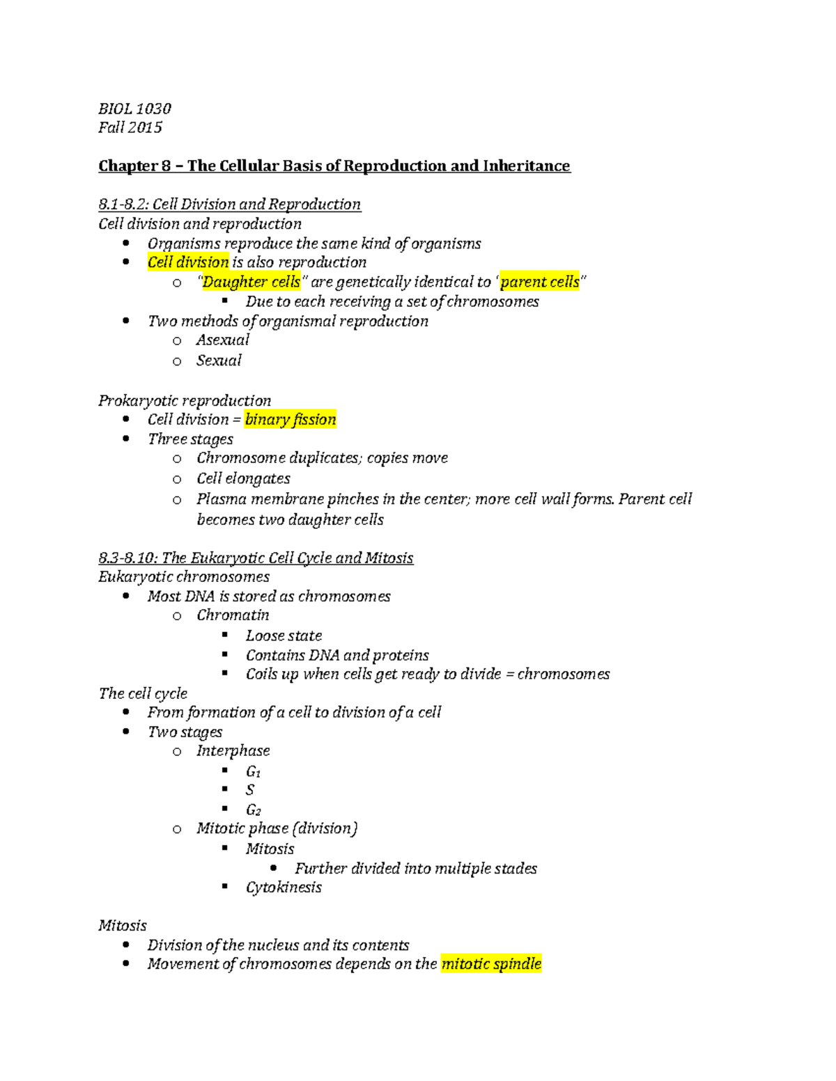 BIOL 1030 Chapter 8 Notes: Cellular Basis of Reproduction & Inheritance ...