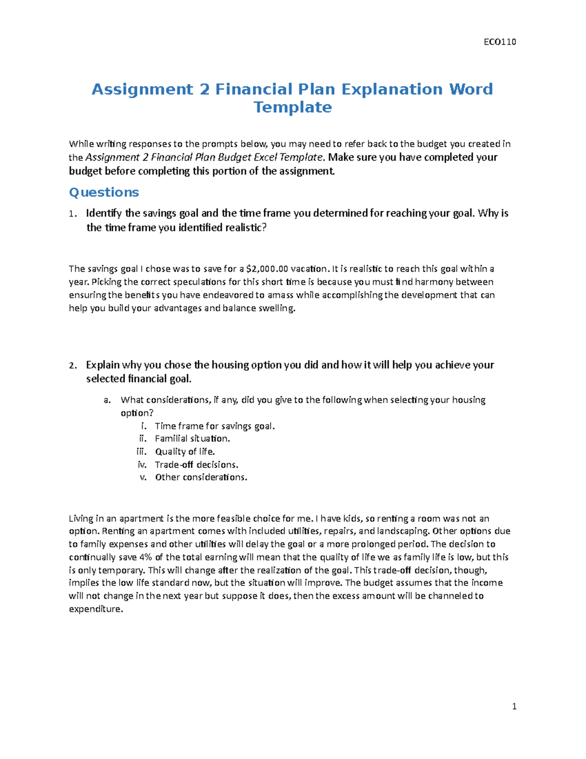 Krystal Owens ECO 110 Assignment 2 Financial Plan Explanation - ECO ...