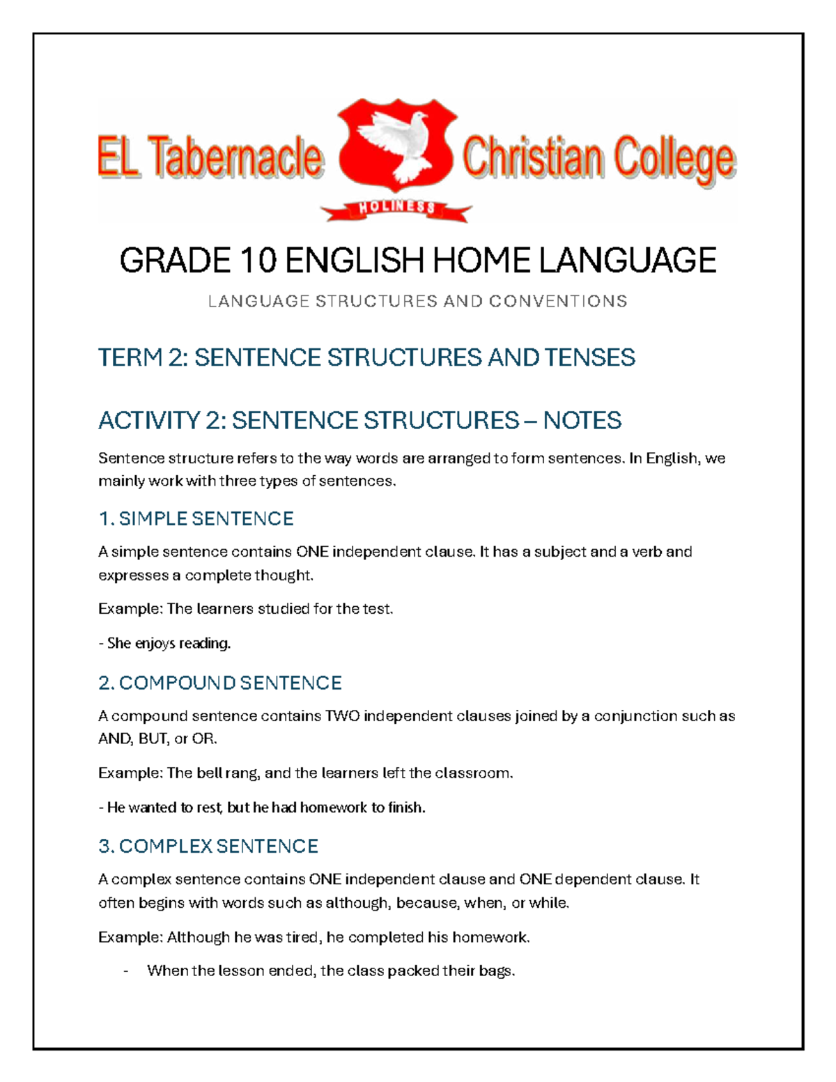 Grade 10 English HL Term 2: Sentence Structures & Tenses Notes - Studocu
