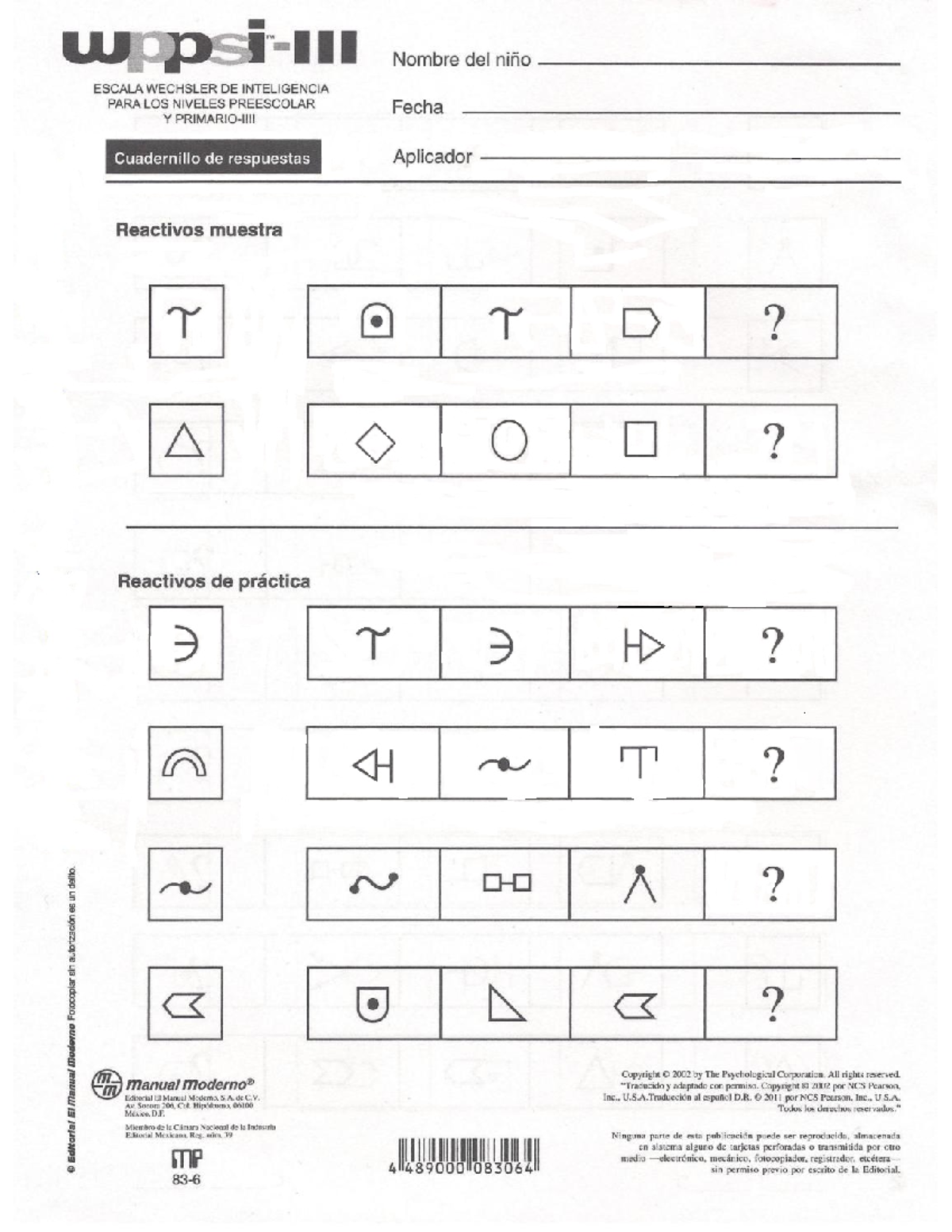 WPPSI-III Cuadernillo de Respuestas: Escala Wechsler Preescolar - Studocu