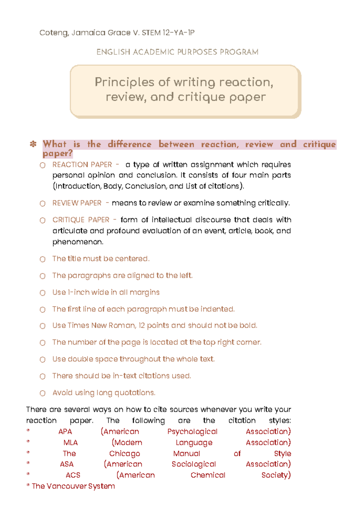 EAPP - Reaction, Review & Critique Paper Writing Essentials - Studocu