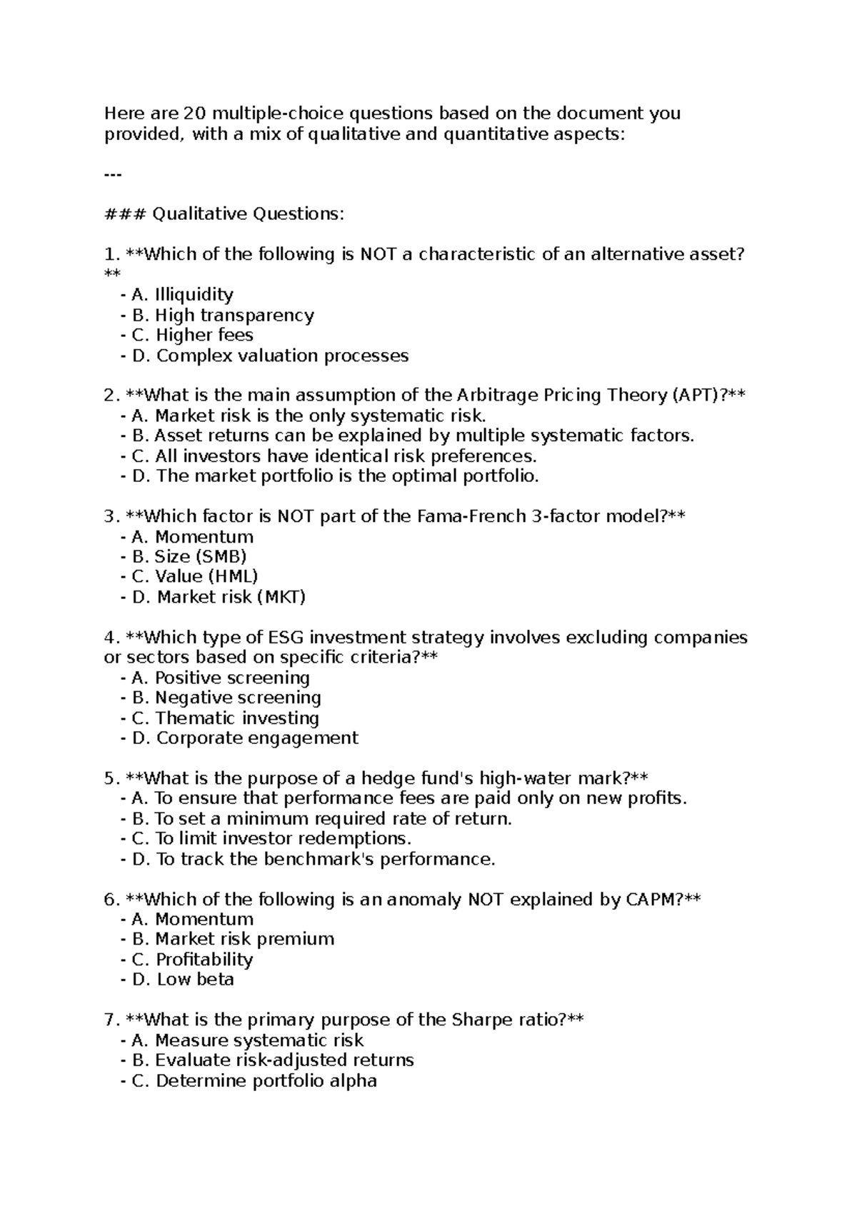 Practice Exam: 20 MCQs for Final Exam Preparation in Finance - Studocu