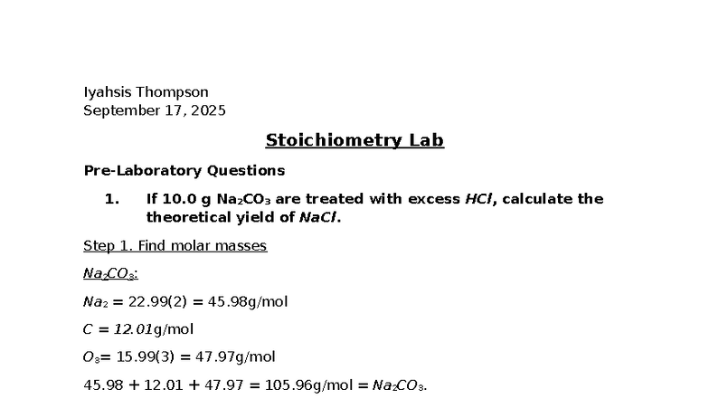 Stoichiometry Lab Questions - September 17, 2025 - Studocu