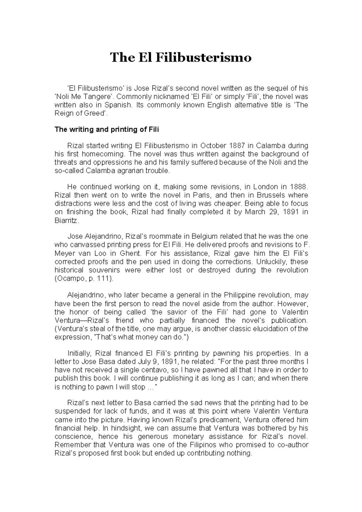 El Filibusterismo - Summary and Analysis of Part 1 - Studocu