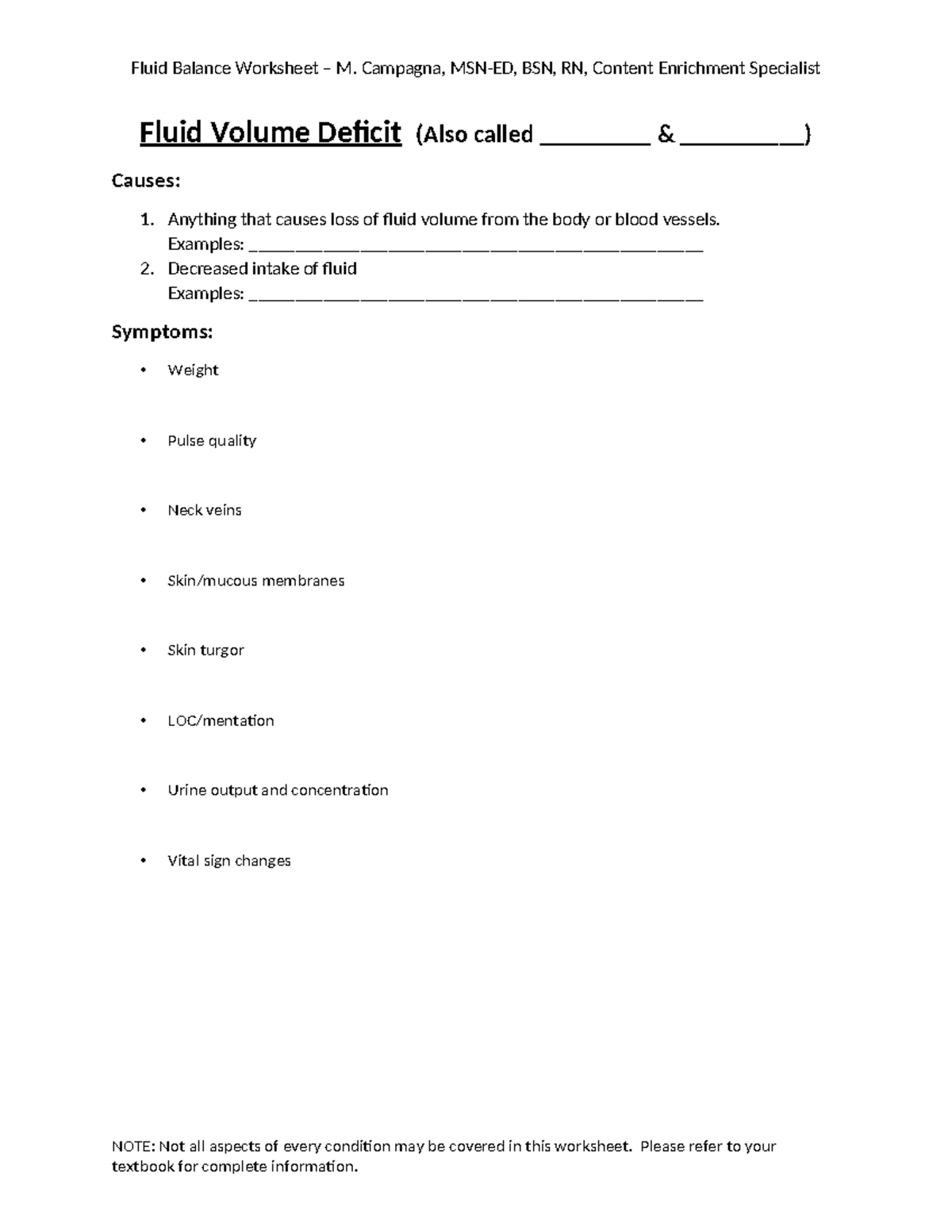 Fluid Balance Worksheet (NUR 101) - Causes, Symptoms & Interventions ...
