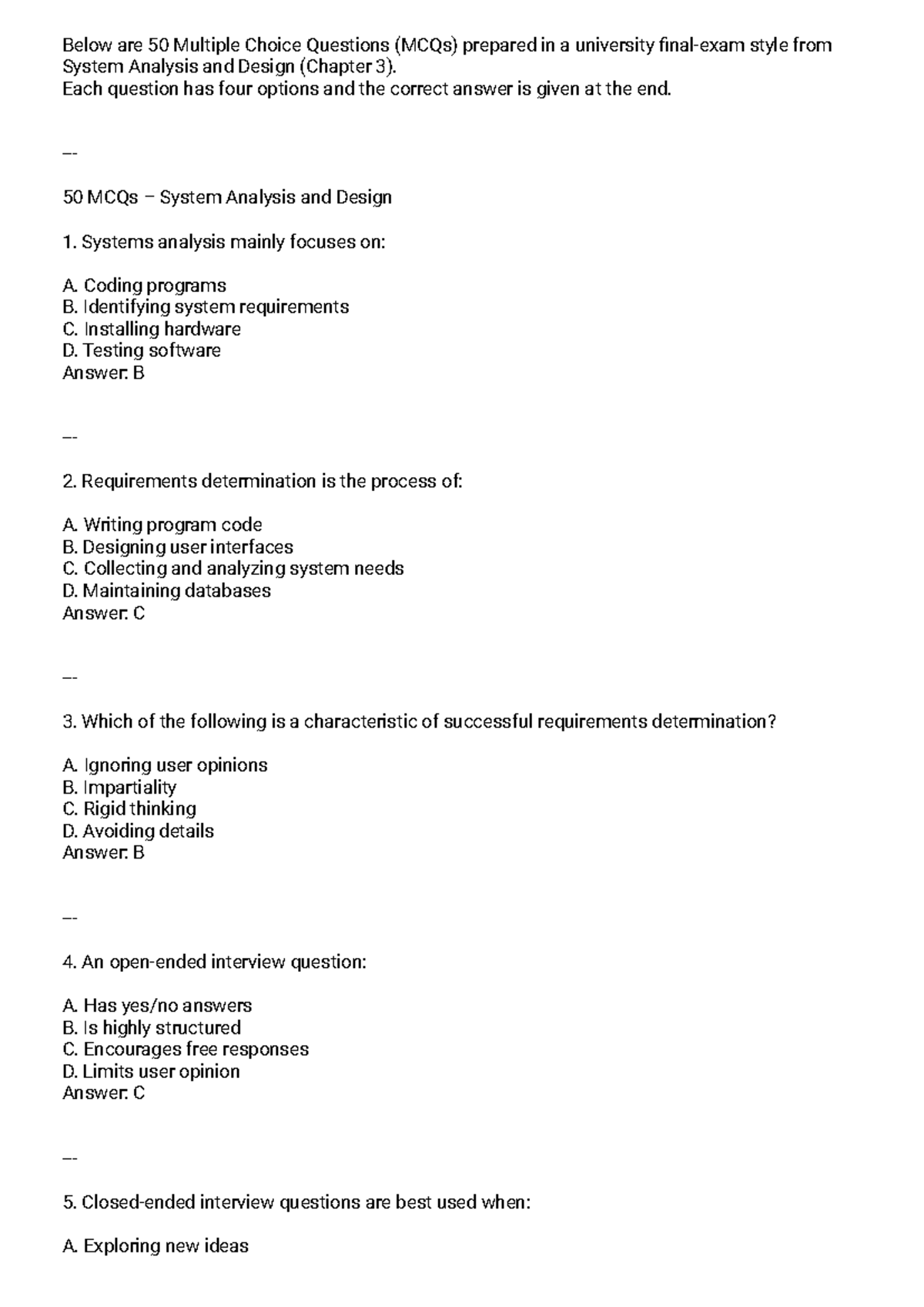 SAD 101: Chapter 3 MCQs for System Analysis and Design Exam - Studocu