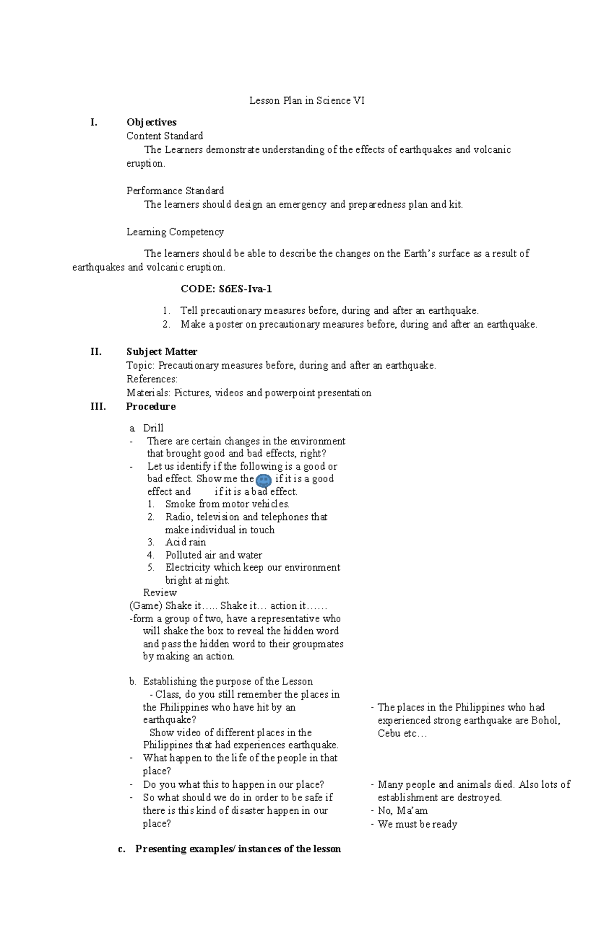 Lesson Plan: Earthquake Preparedness & Effects (Science VI) - Studocu