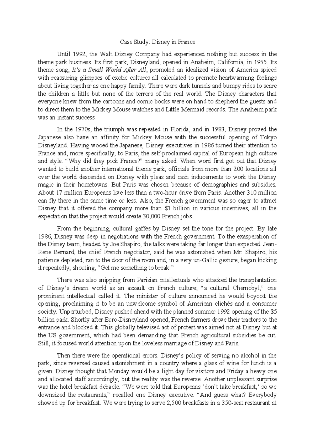 Case Study: Disney's Challenges and Adaptations in France (1992) - Studocu