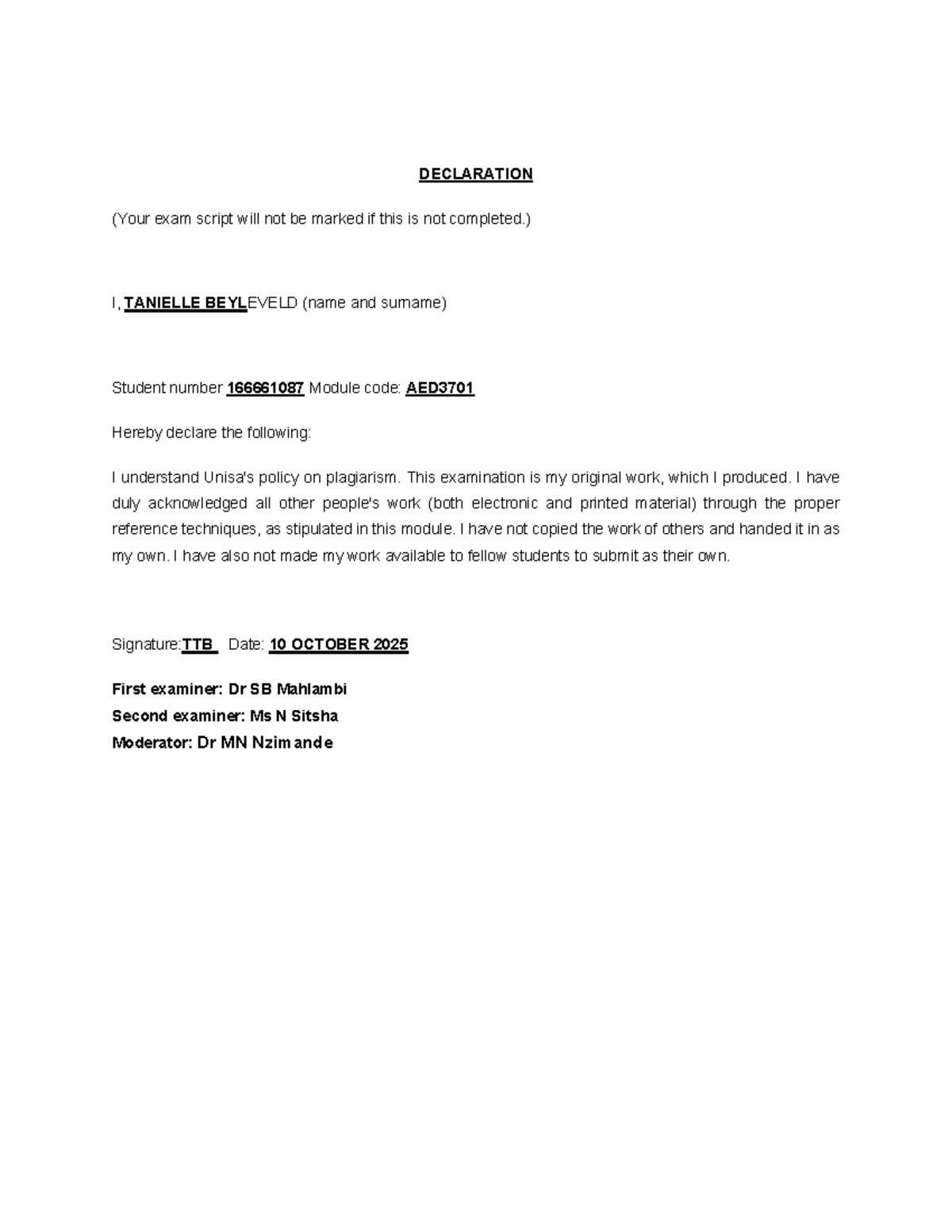 AED3701 Final Exam Declaration and Assessment Overview 2025 - Studocu