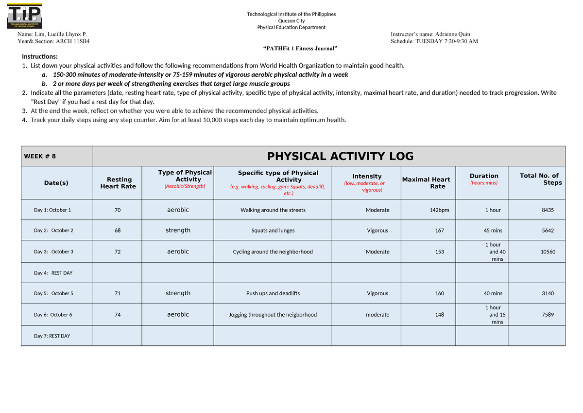 PE001 PATHFit 1 Fitness Journal Log Form - Week 8 Records - Studocu